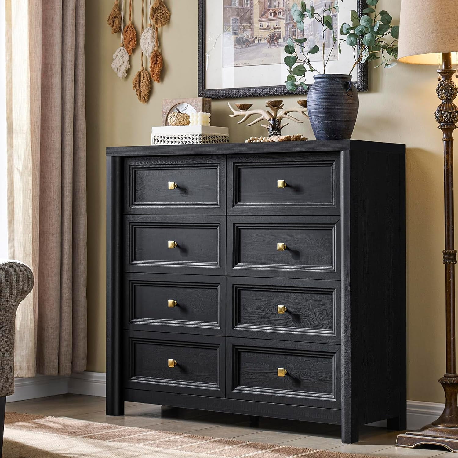 Farmhouse Dresser for Bedroom, 41" Tall Black Dresser with 8 Drawers ...