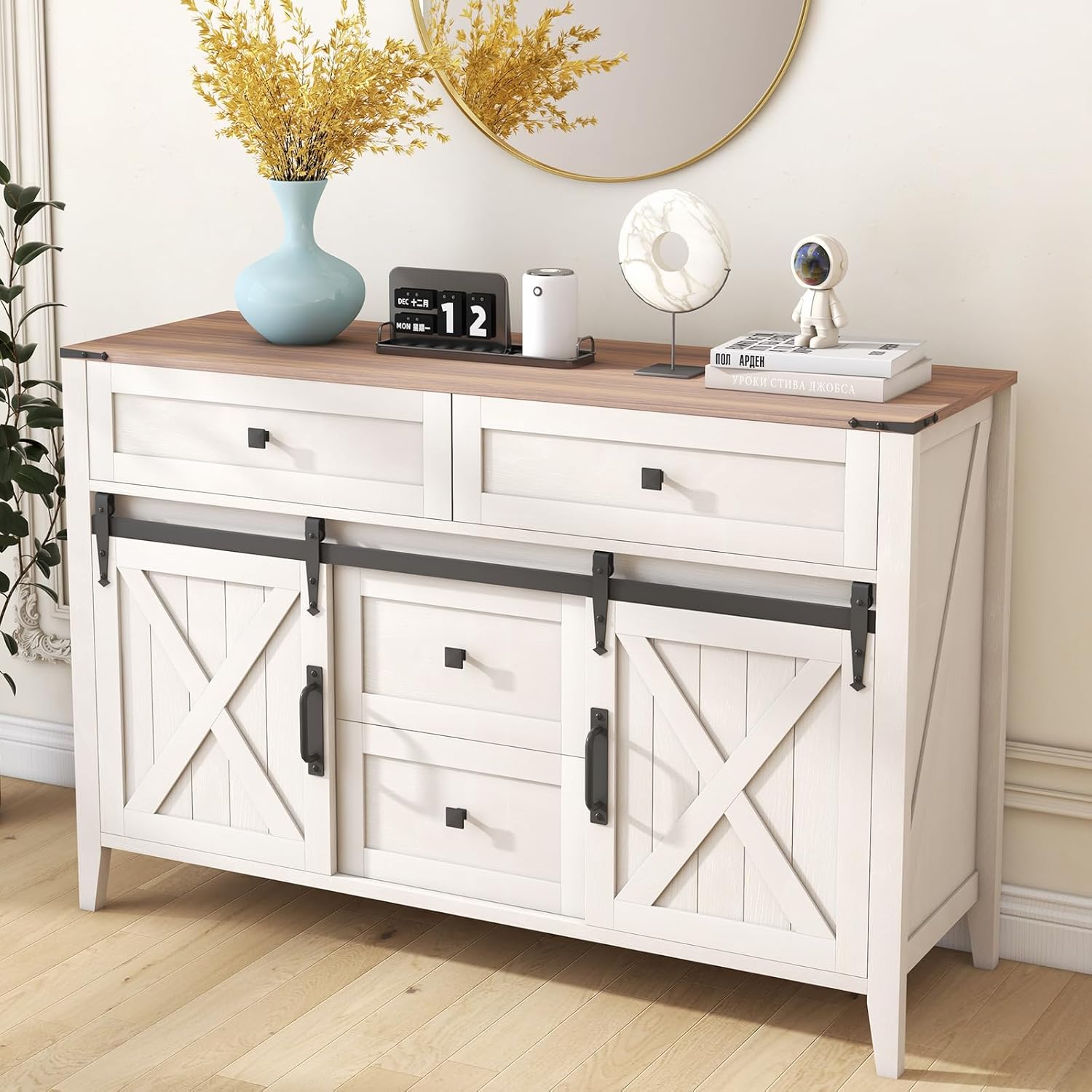 Farmhouse Dresser for Bedroom, 47 Inch Sliding Barn Door Wood Texture ...