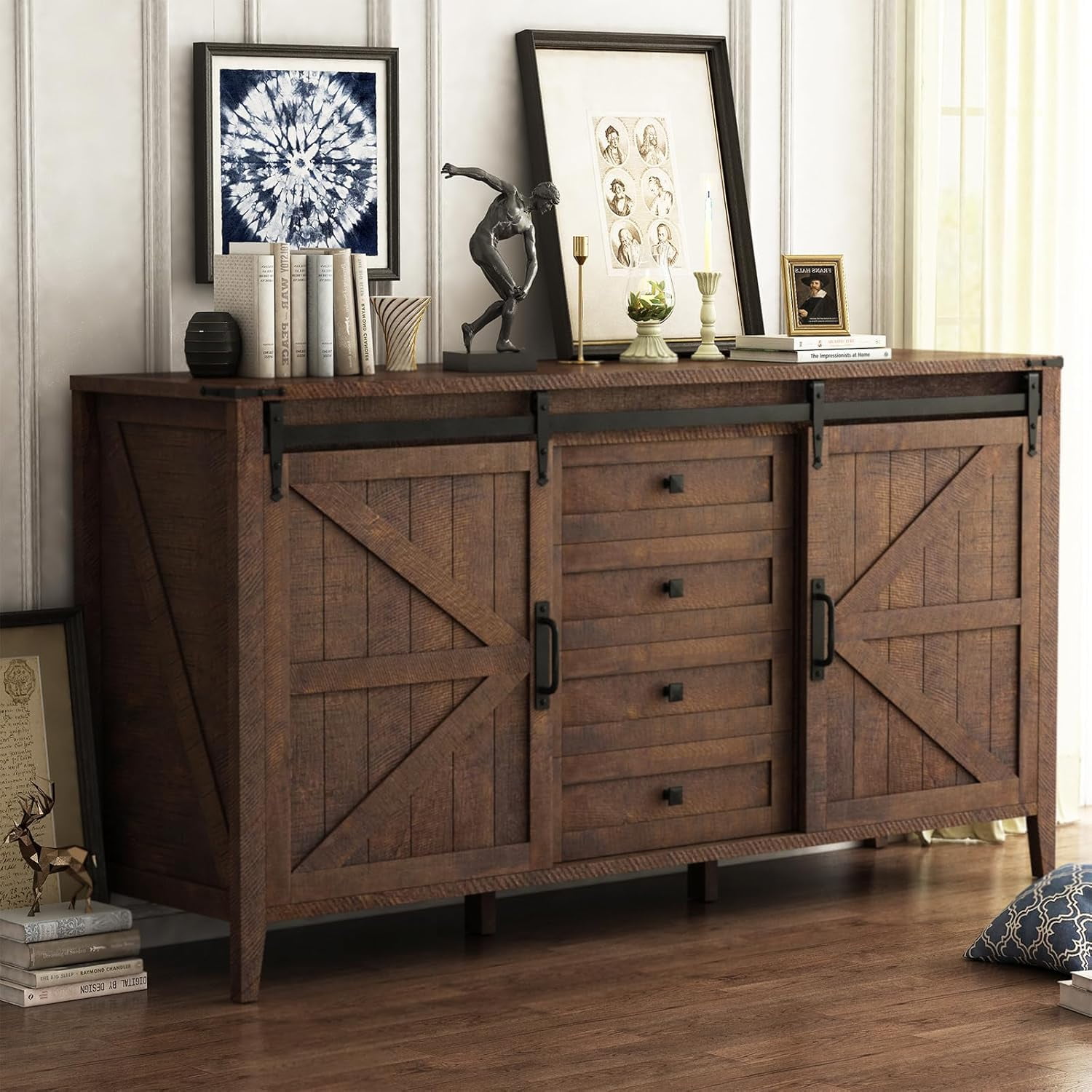 Farmhouse Dresser for Bedroom, 60" Wide Wood Dresser with 4 Drawers ...