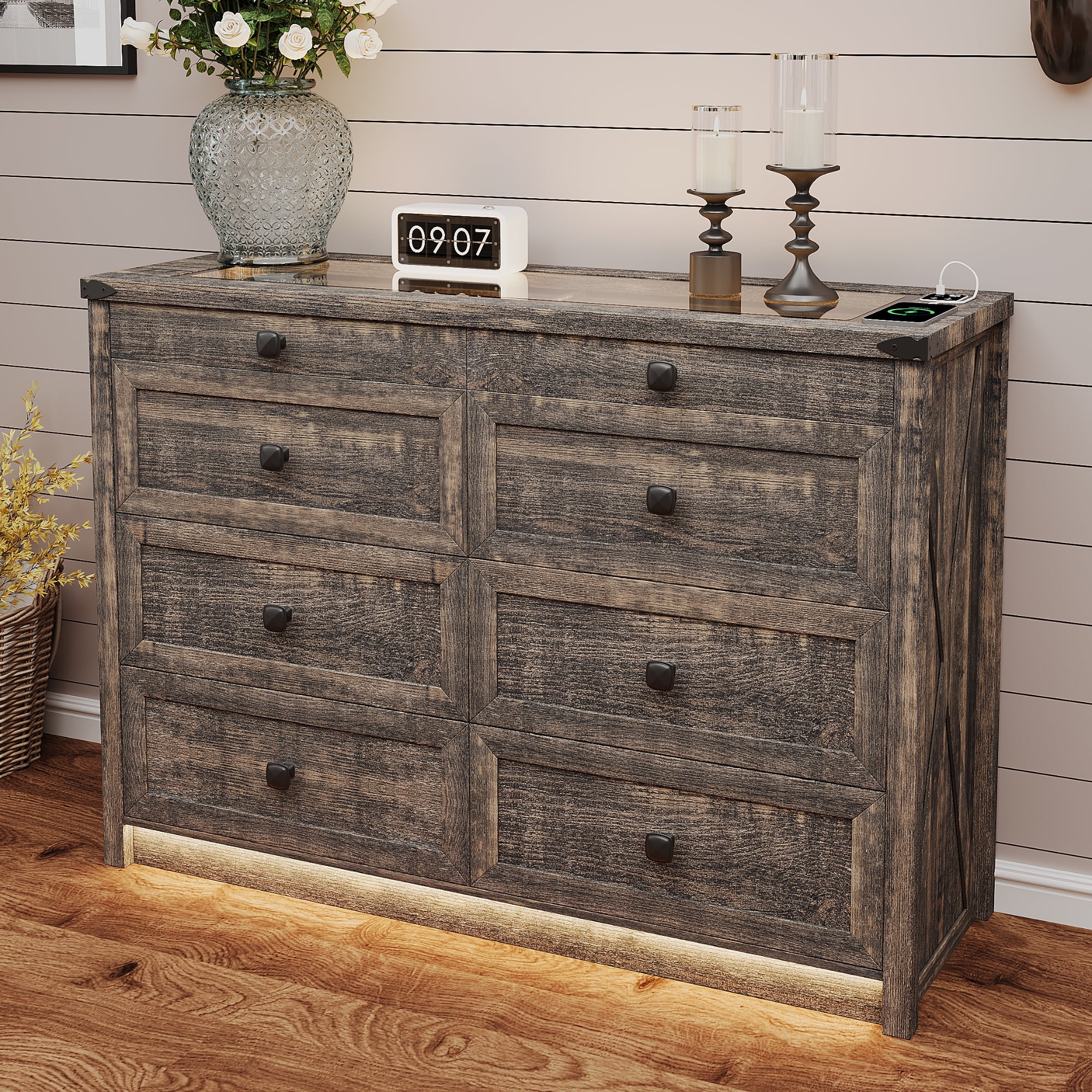 Farmhouse Dresser for Bedroom with 8 Drawers, Wood Tall Chest of ...