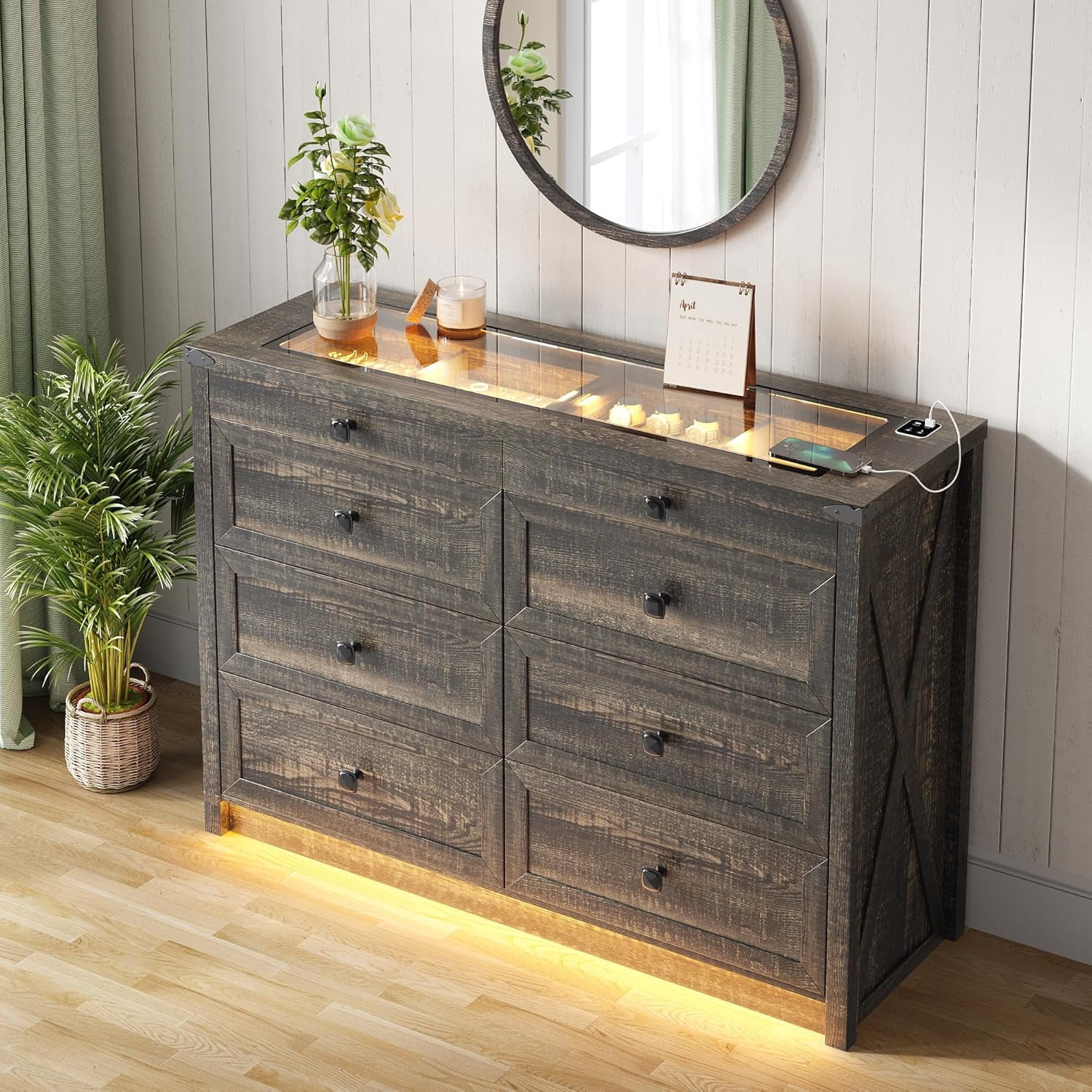 Farmhouse Dresser for Bedroom with 8 Drawers, Wood Tall Chest of ...