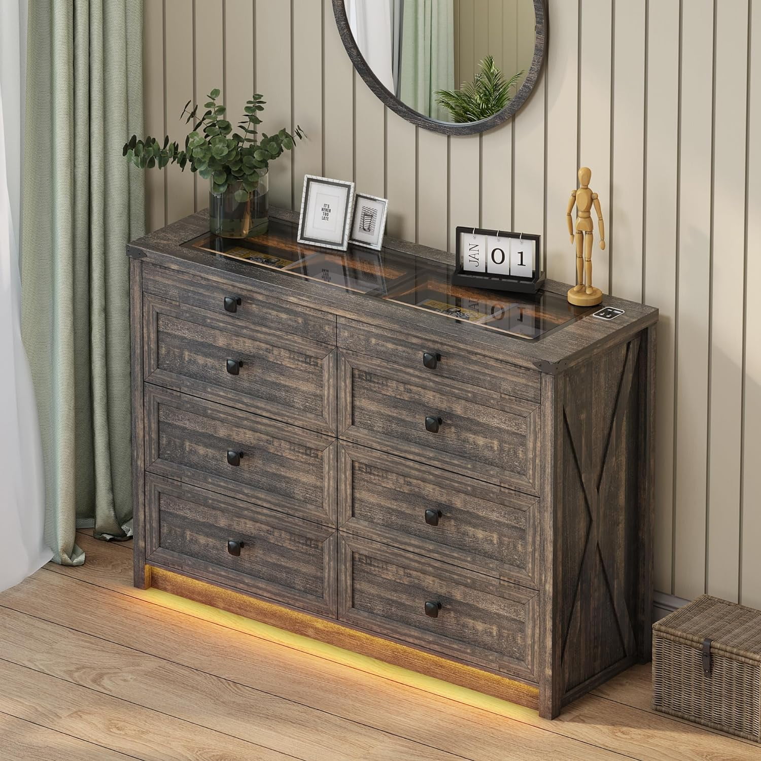 Farmhouse Dresser for Bedroom with 8 Drawers, Wood Tall Chest of ...