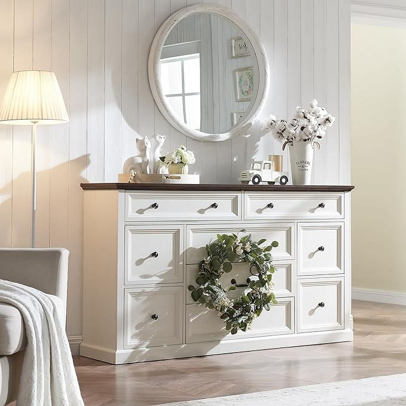 SinCiDo Wide Wood Rustic Chset 9 Drawers Dresser Wood White, 60" x 15. ...