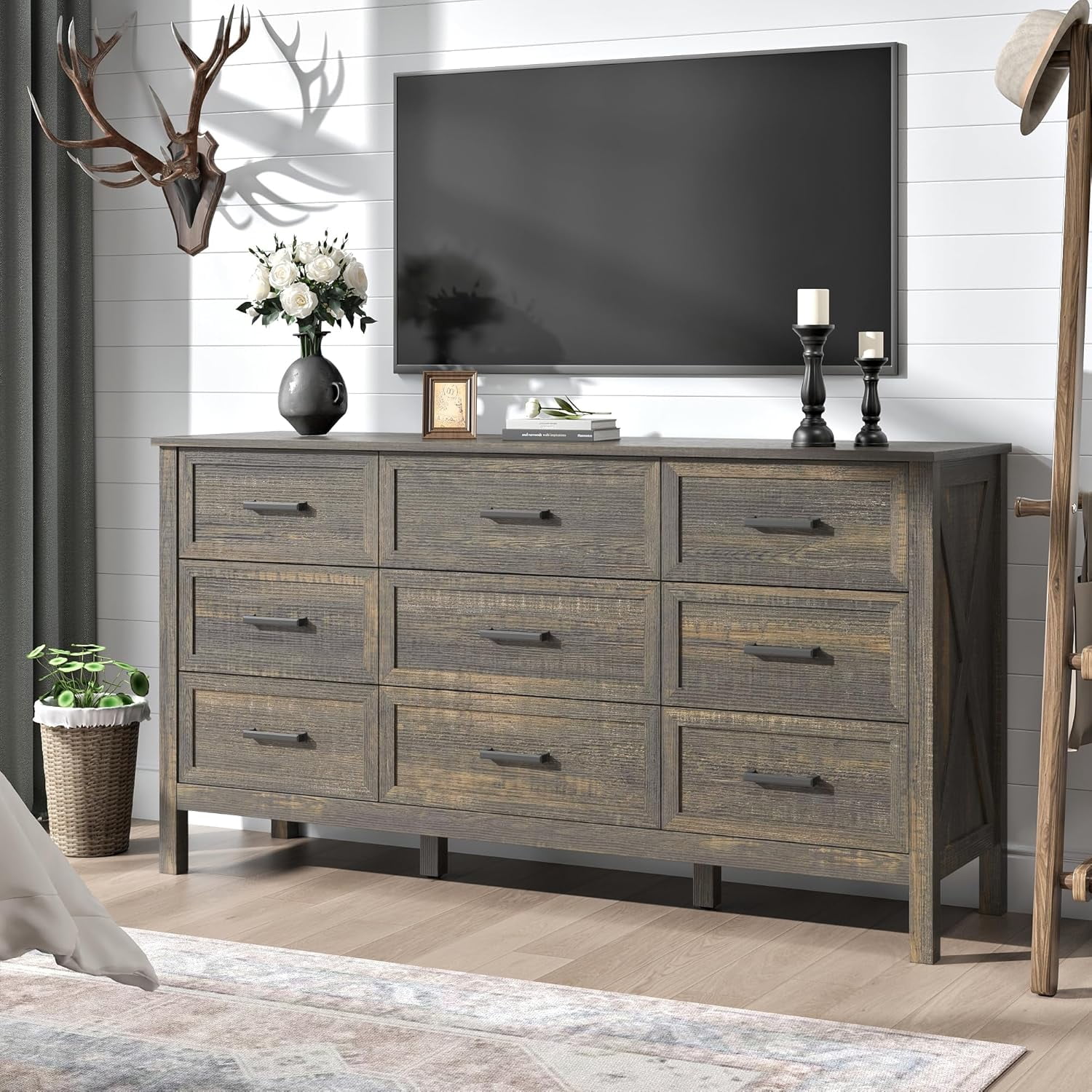 Farmhouse Dresser for Bedroom, 9 Drawers Dresser with Natural Texture ...
