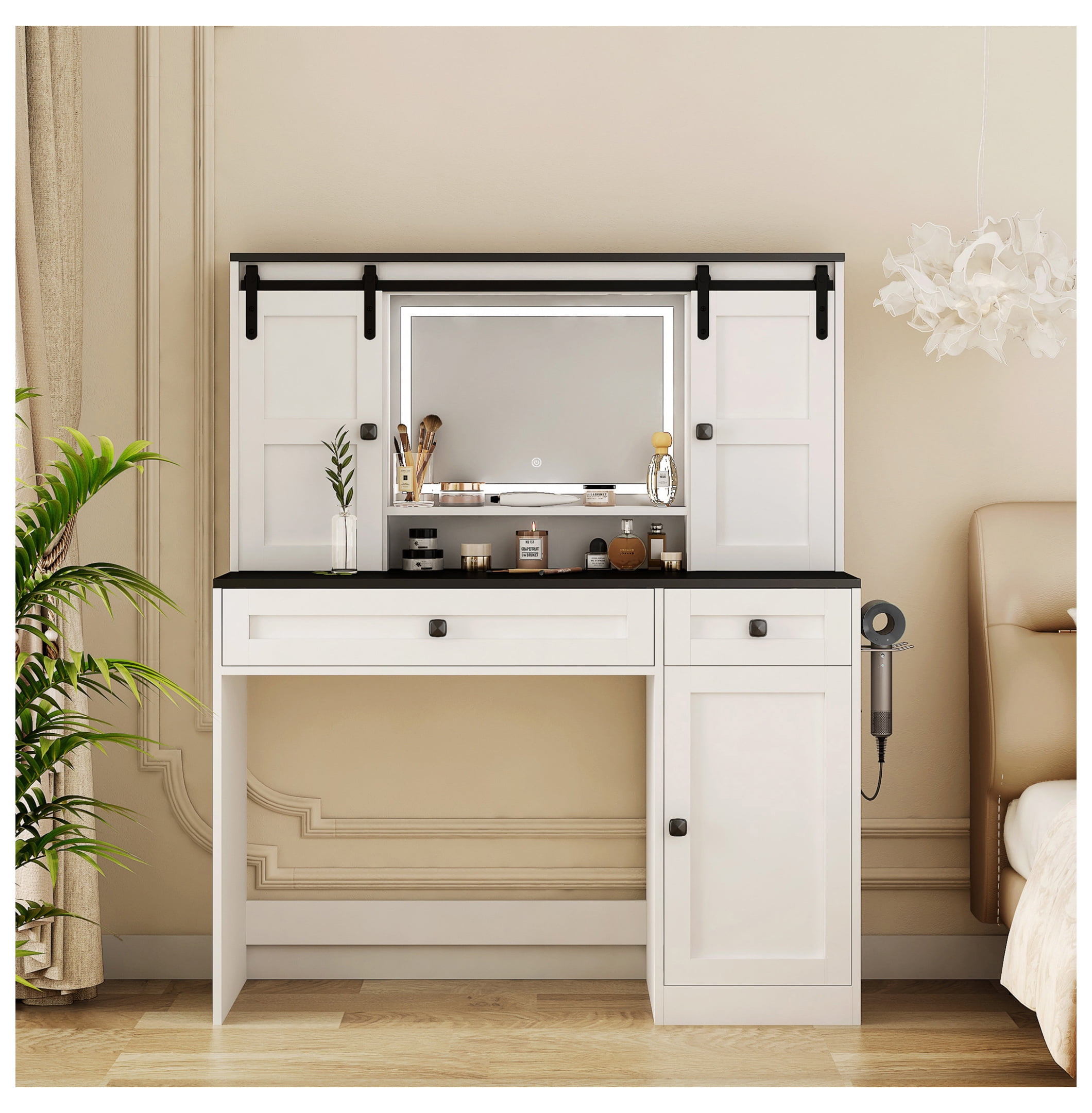 Farmhouse Dressing Table with Mirror, 43" Makeup Vanity Set - White ...