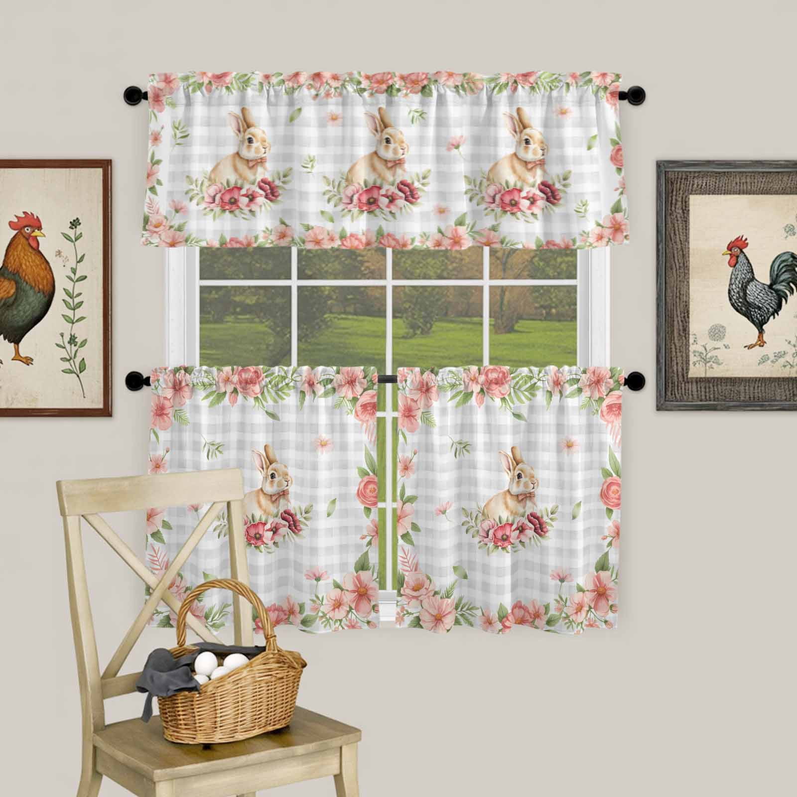 Farmhouse Easter Rabbit Curtain Tier and Valance Set 3 Piece, Spring ...