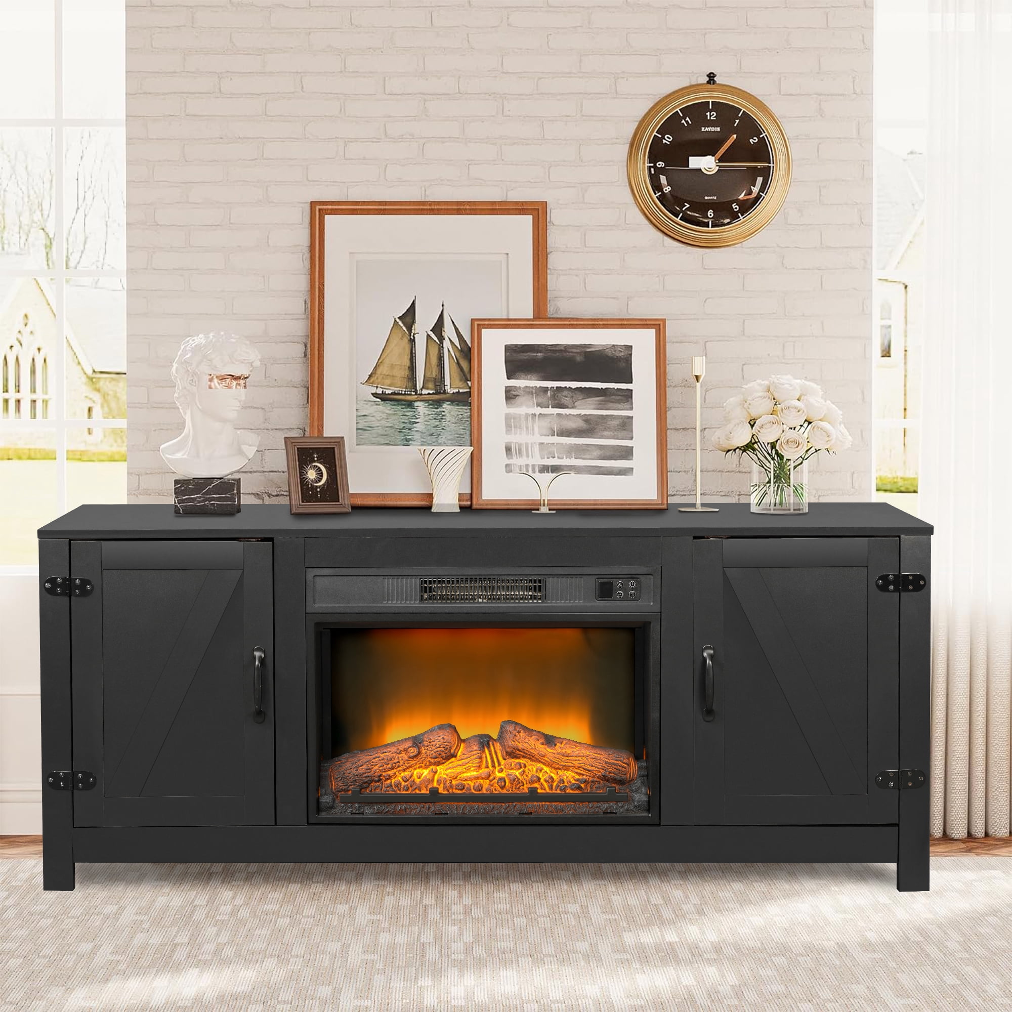 Farmhouse Electric Fireplace TV Stand, Seizeen Wood Media Entertainment ...