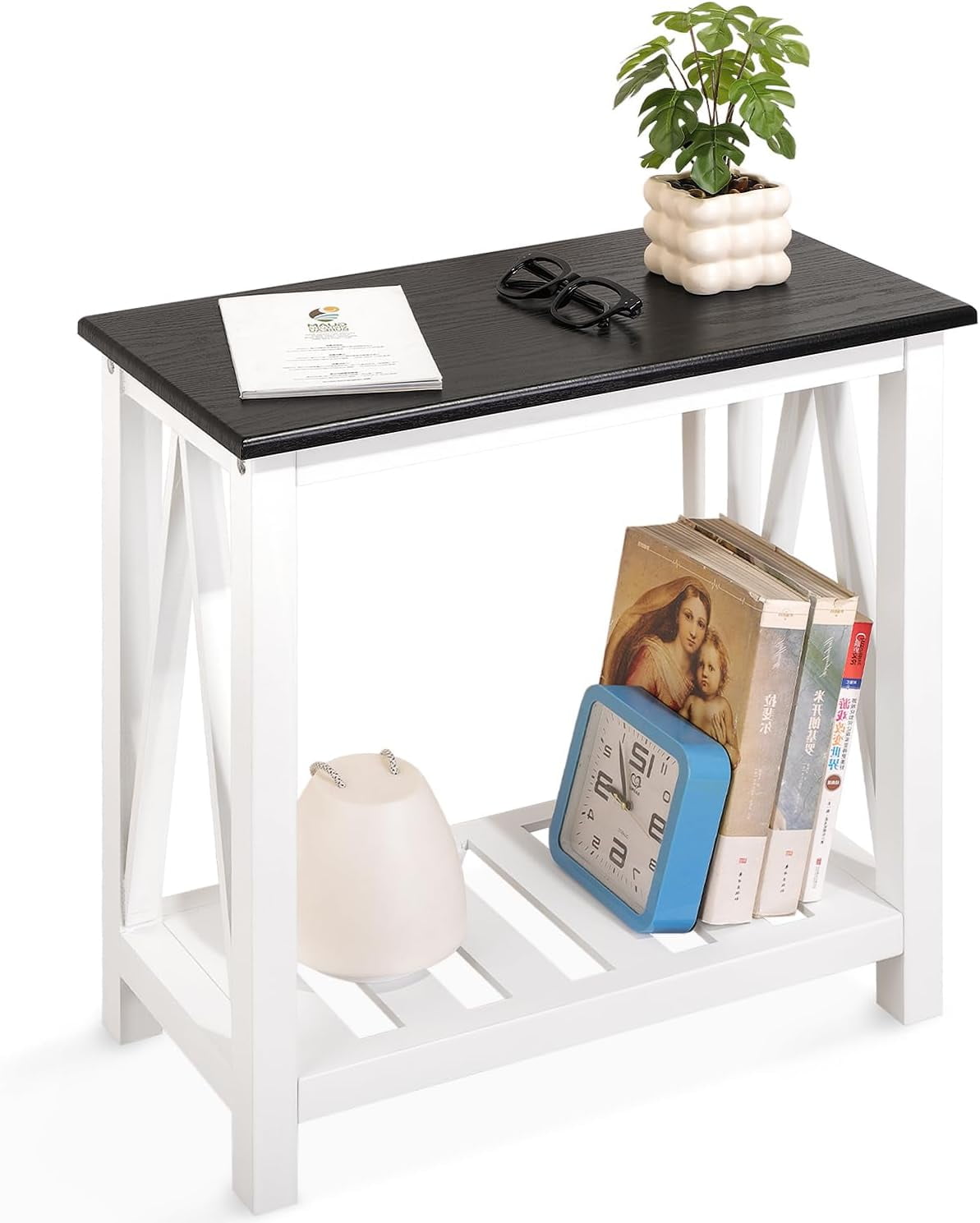 Farmhouse End Side Table Wood Frame Narrow Side Table with Shelves ...