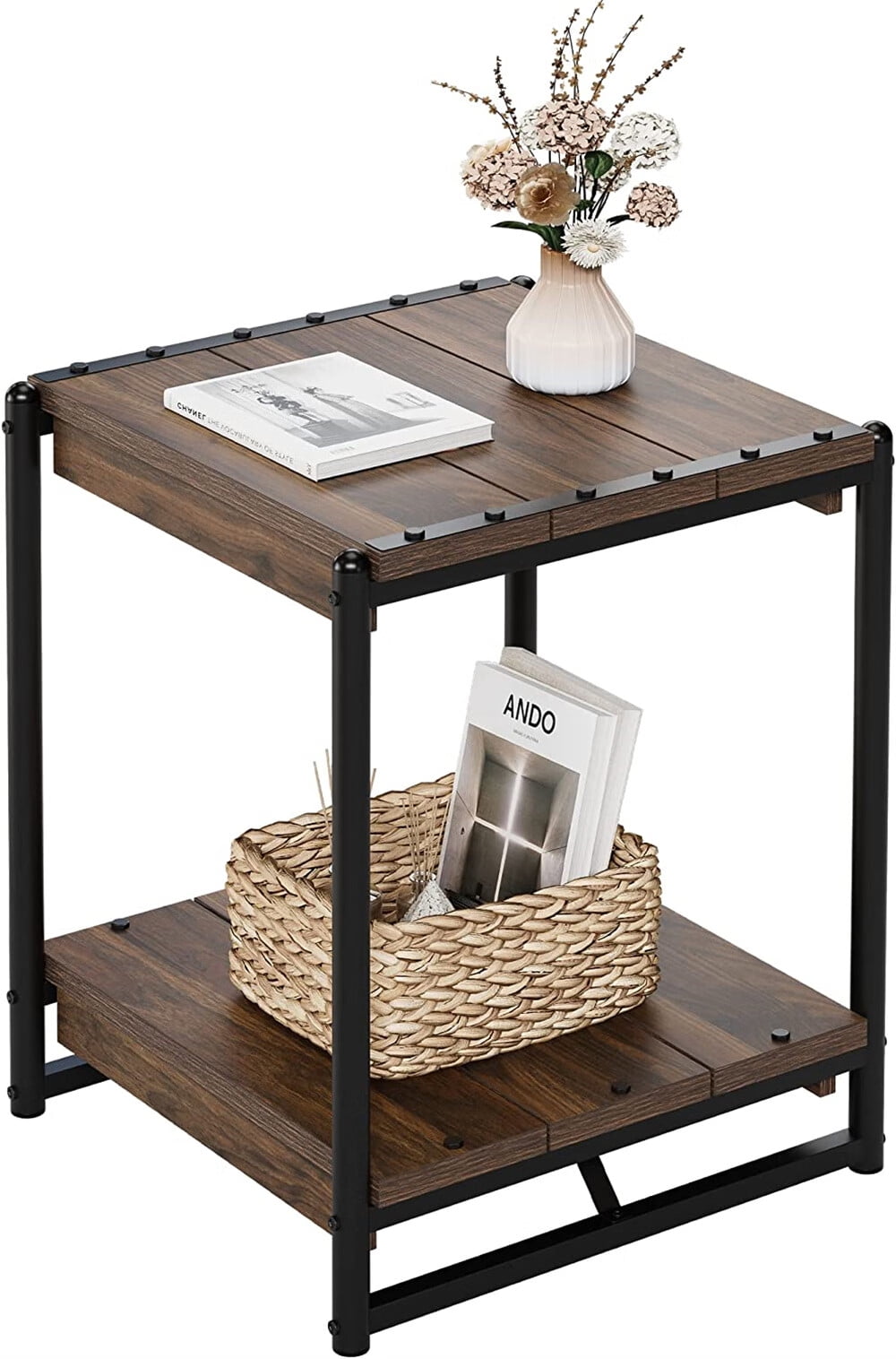 Farmhouse End Table, 19.6 inch Square Wood Side Table Nightstand with 2 ...