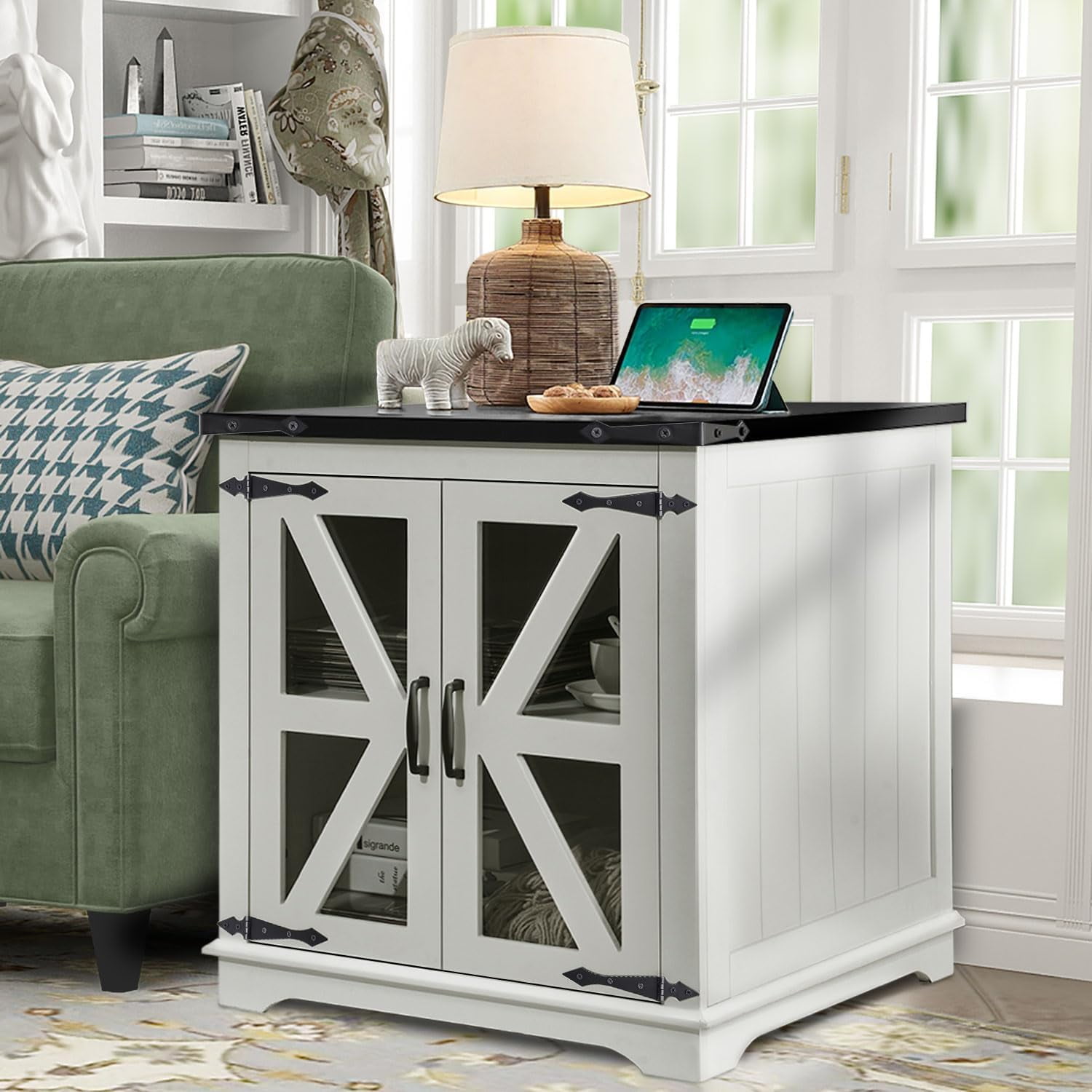 Farmhouse End Table, 24" Large End Tables with Storage, Rustic Square ...