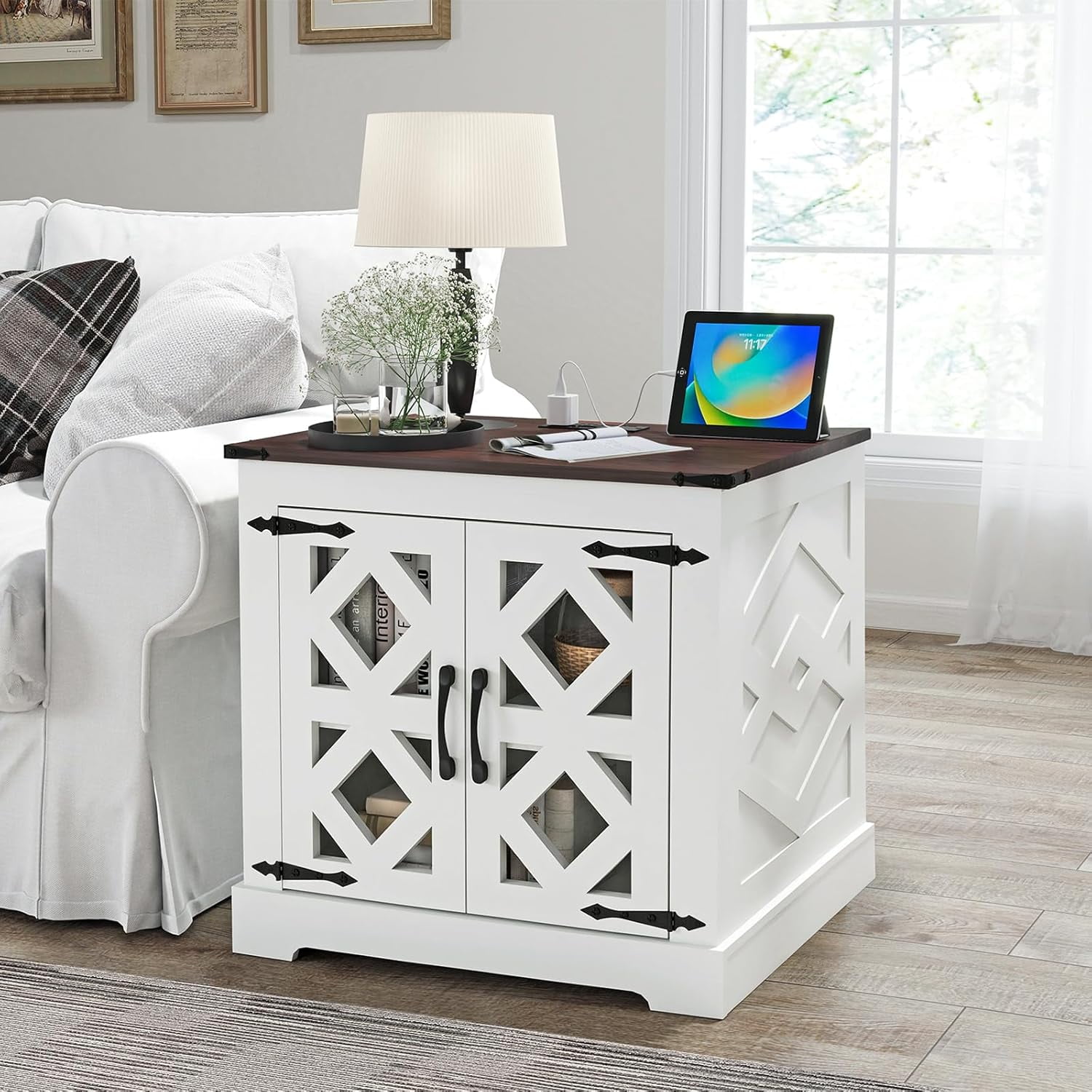 Farmhouse End Table, 24" Side Table with Charging Station, End Tables ...