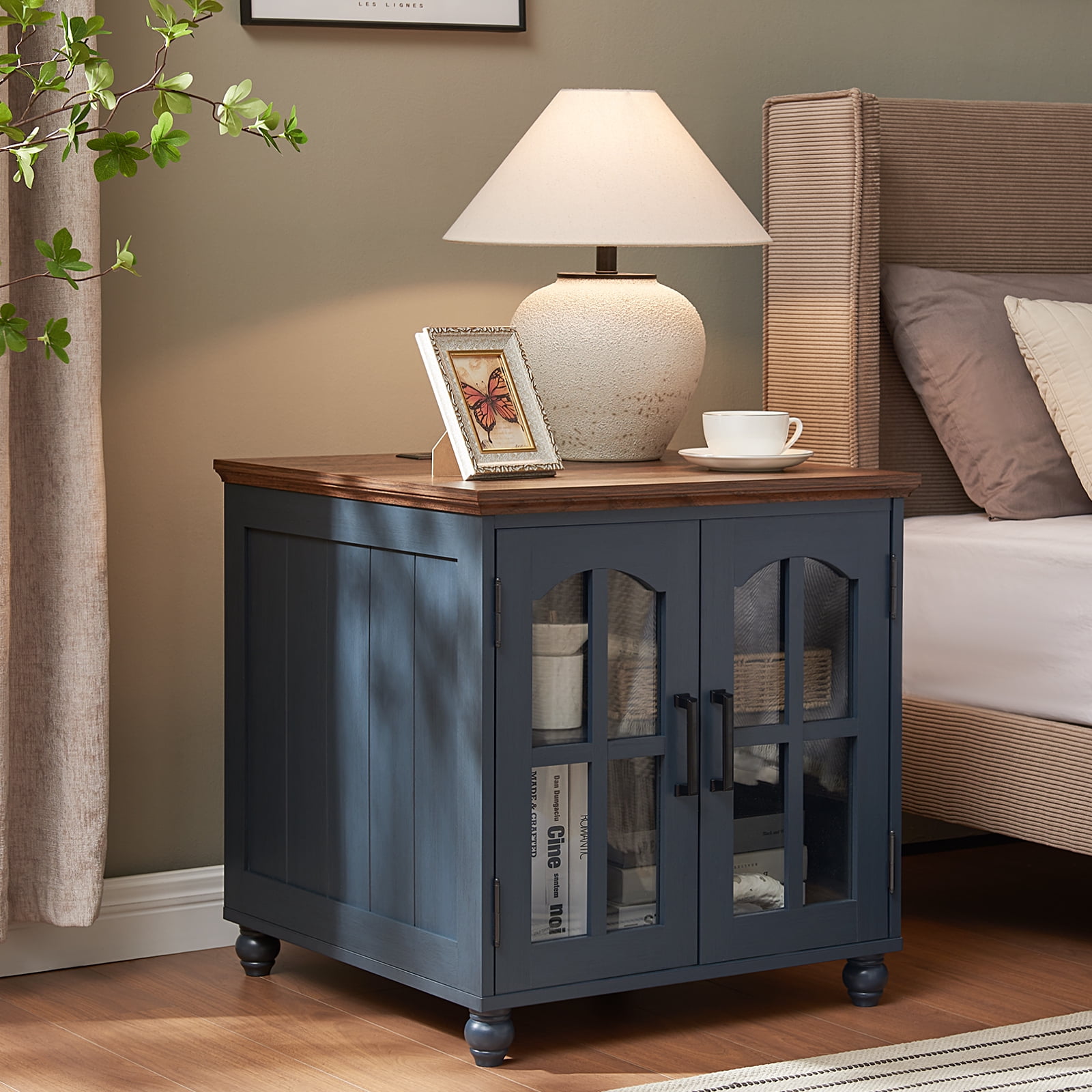 Farmhouse End Table with Charging Station, 24" Large Sofa Side Table ...