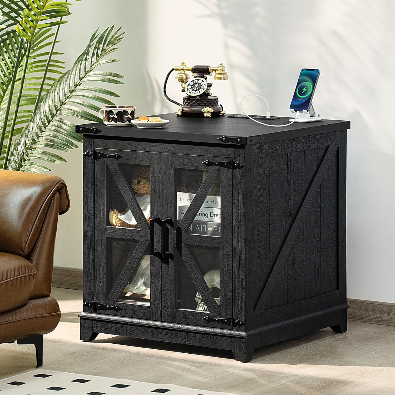 Farmhouse End Table with Charging Station, 24" Large Sofa Side Table ...