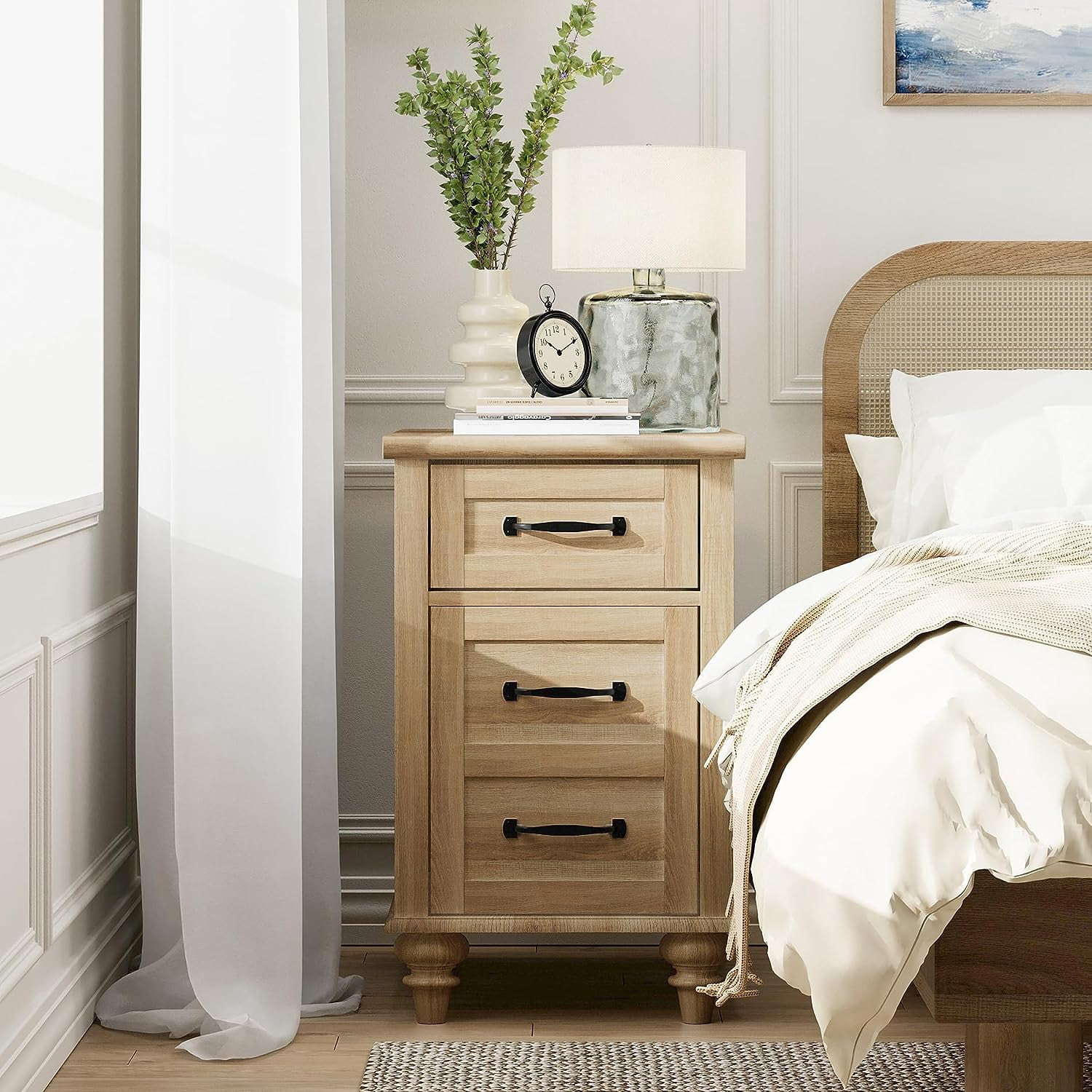 Farmhouse End Table with Charging Station, Light Wood Sofa Side Table ...