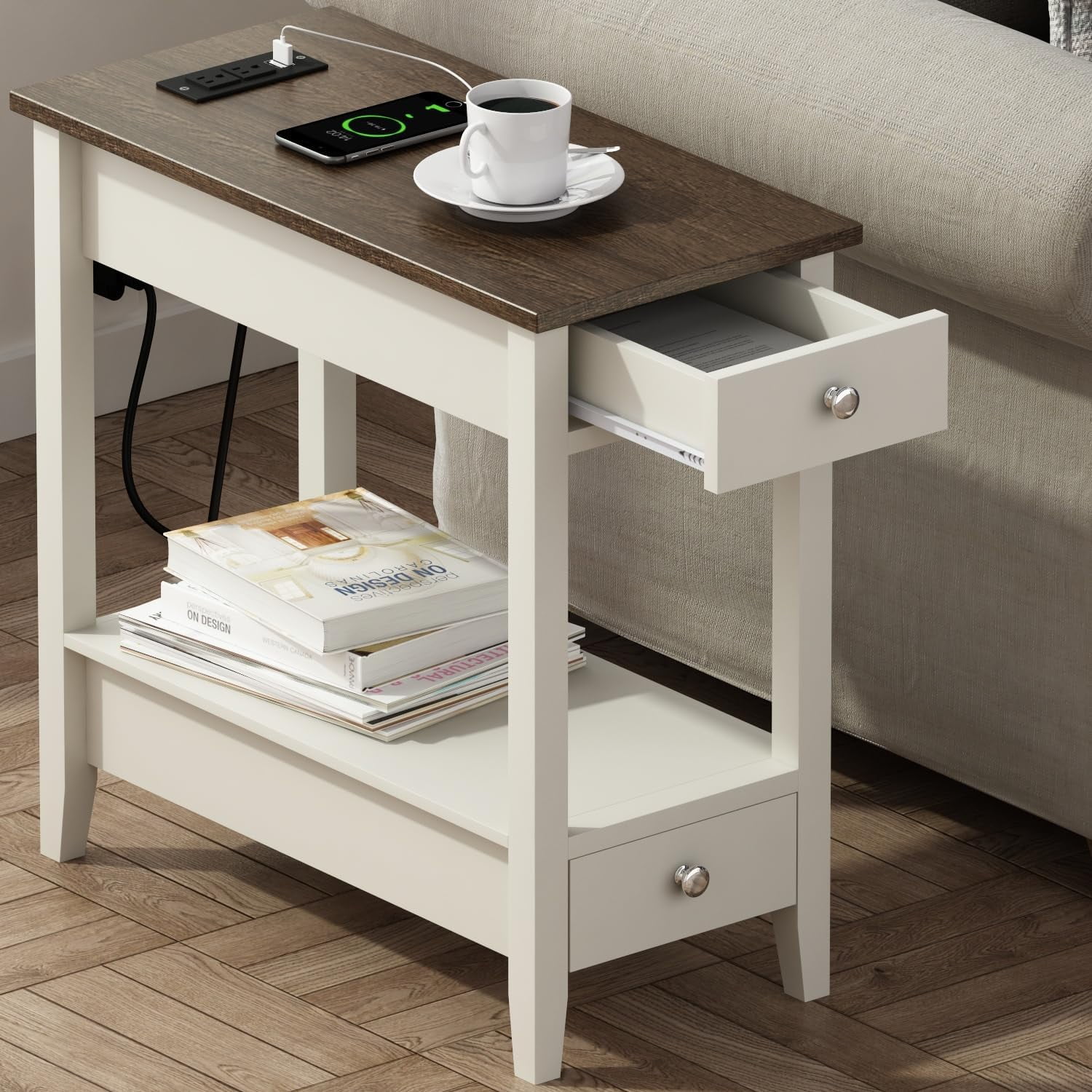 Farmhouse End Table with Charging Station, Narrow Side Table with ...