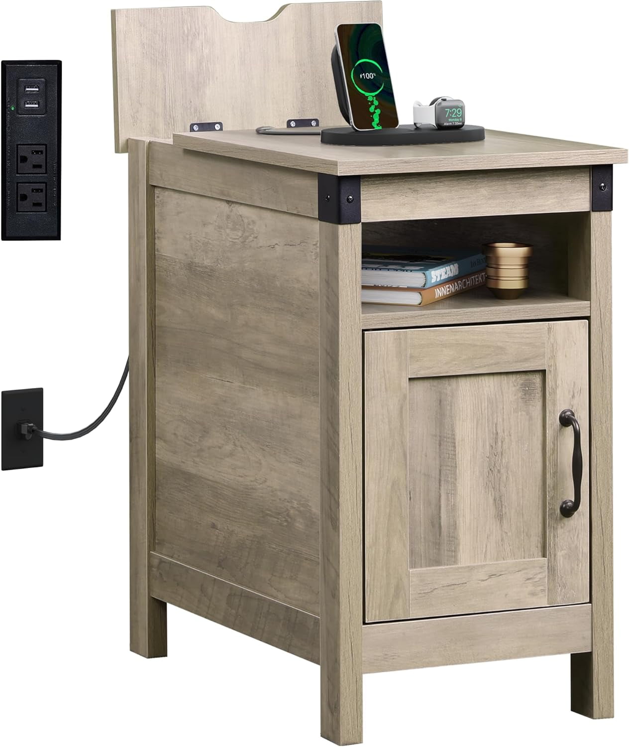 Farmhouse End Table with Charging Station, Narrow Side Table for Living ...