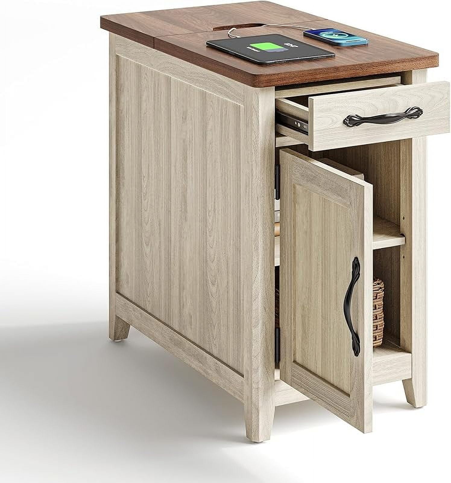 Farmhouse End Table with Charging Station, Narrow Side Table for Living Room, Sofa Side Table ...