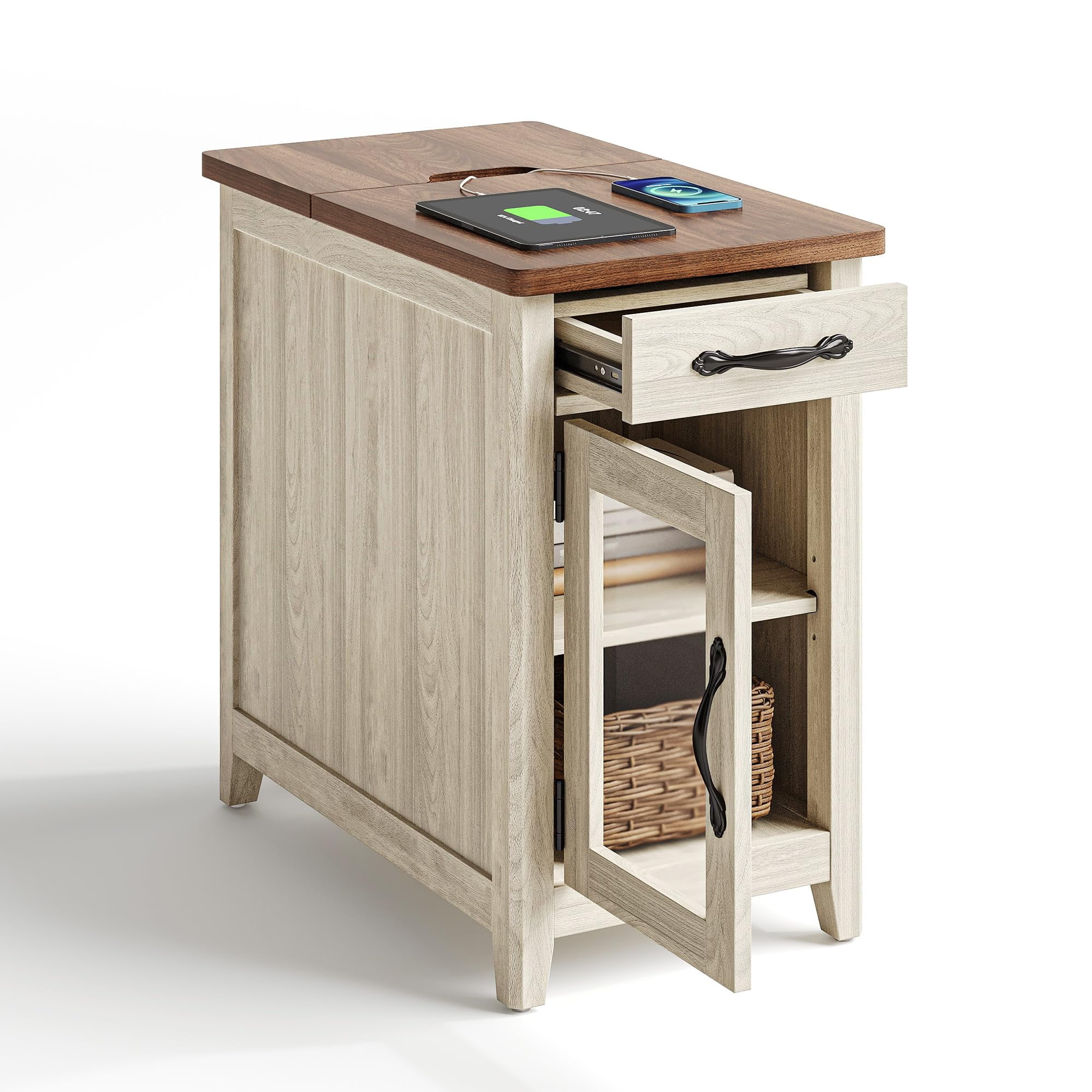 Farmhouse End Table with Charging Station, Narrow Side Table for Living ...
