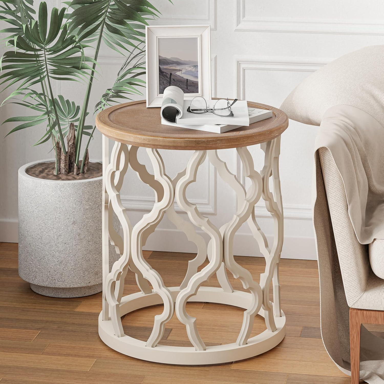 Farmhouse End Table, Distressed Tray Top Side Table with Curved Motif ...