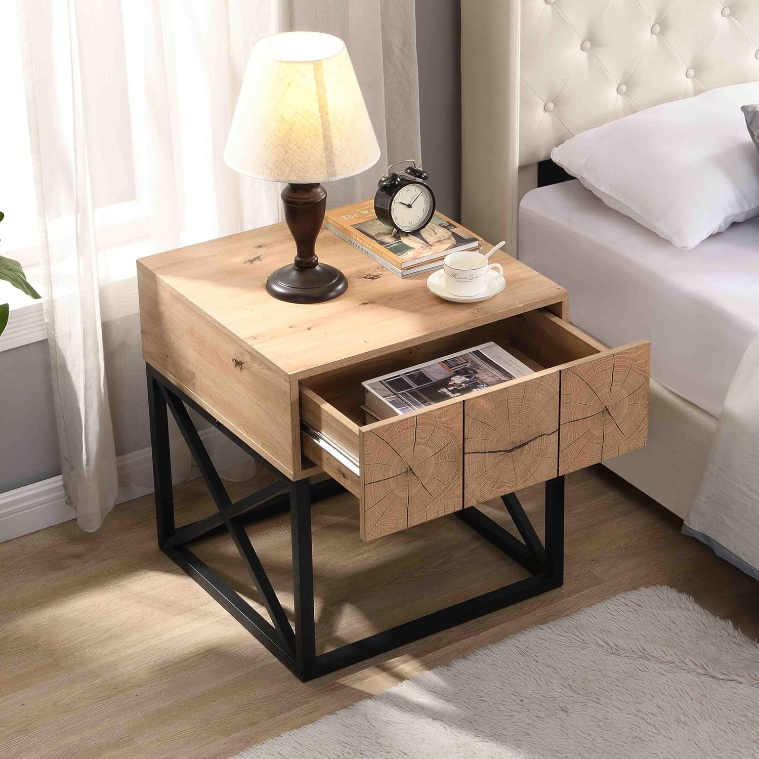 Farmhouse End Table with Drawer Side Table with Black Metal Frame ...