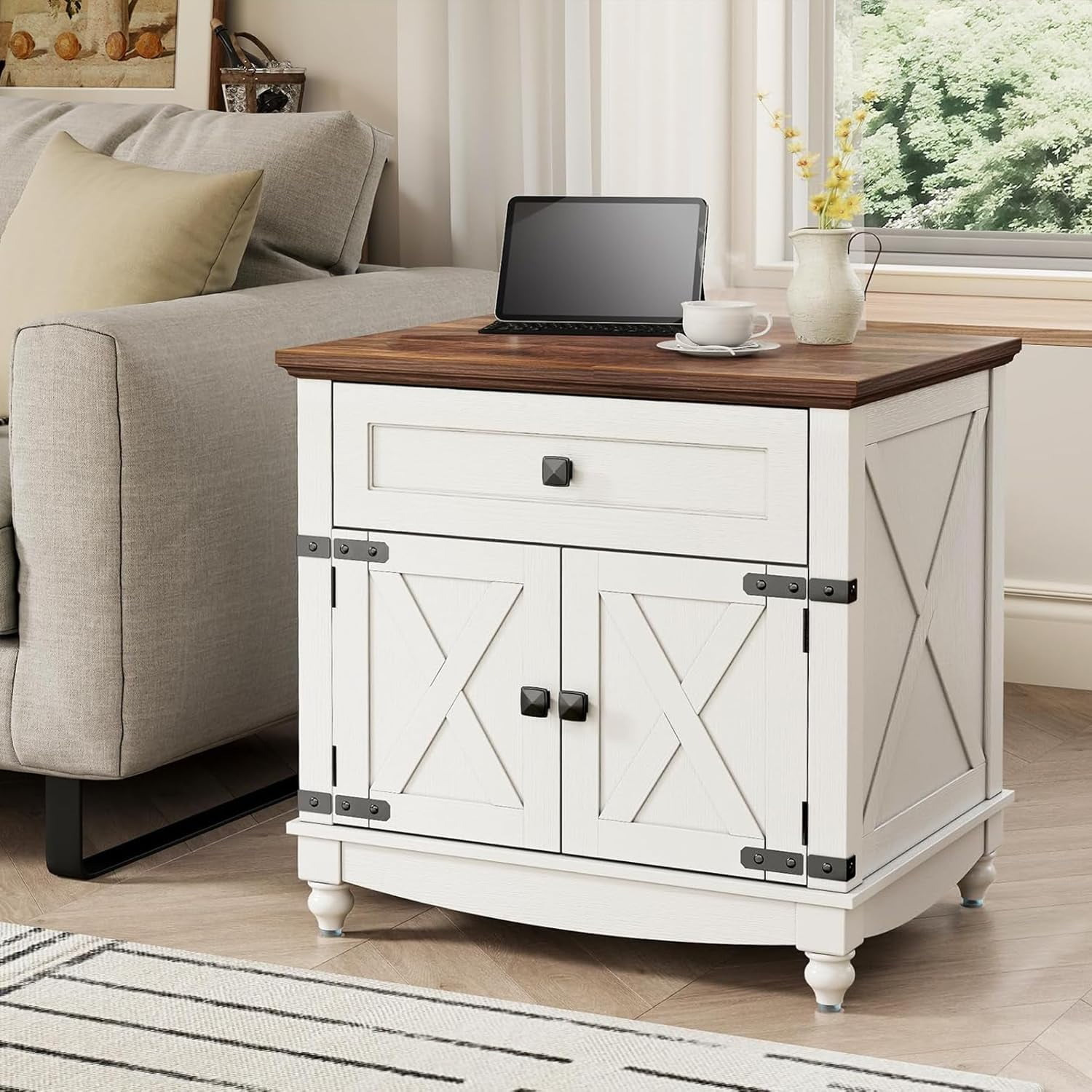 Farmhouse End Table with Drawers and Storage Cabinet, 24inch Large Sofa ...