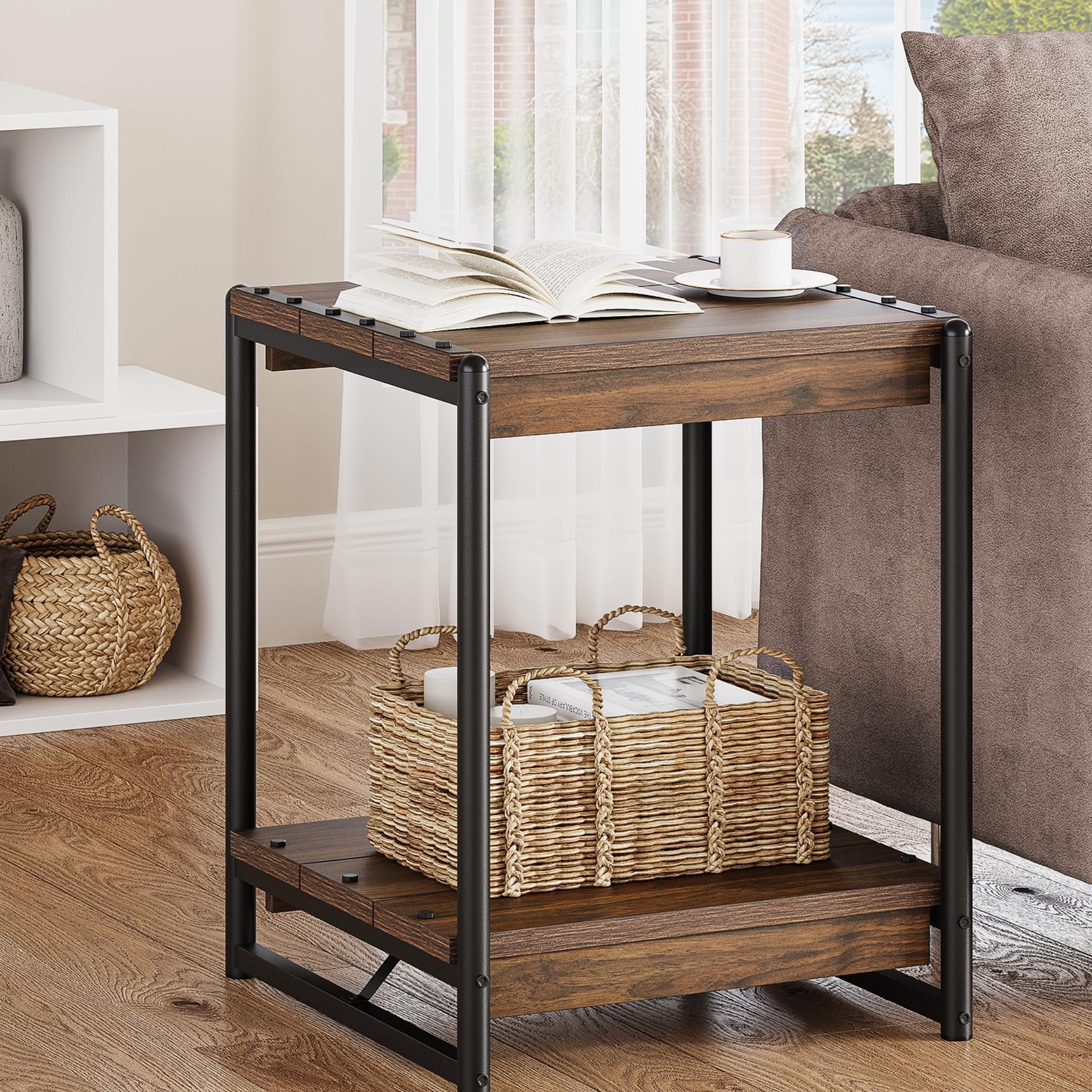 Farmhouse End Table,Modern Farmhouse End Tables with 2 Storage Shelves ...