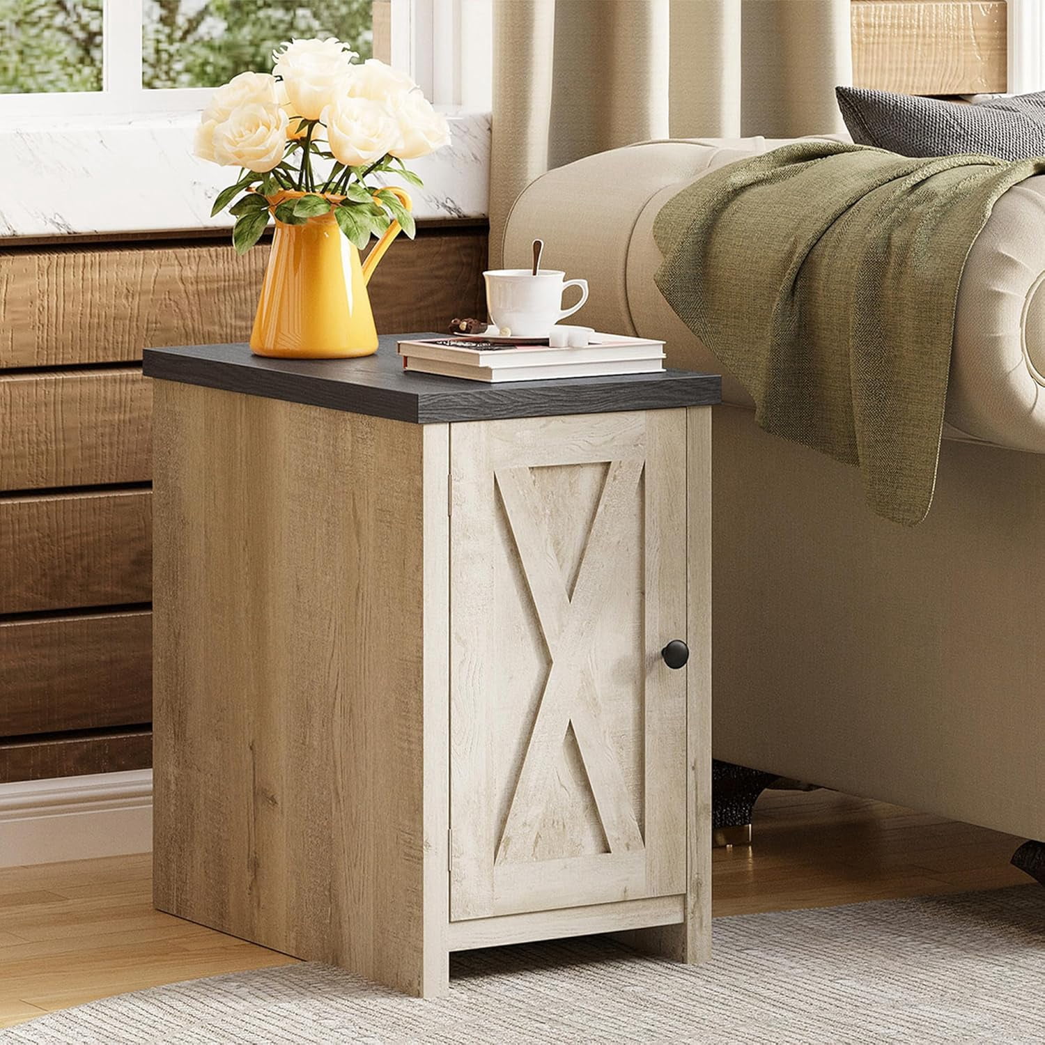 Farmhouse End Table, Narrow Night Stand with Storage and Barn Door ...