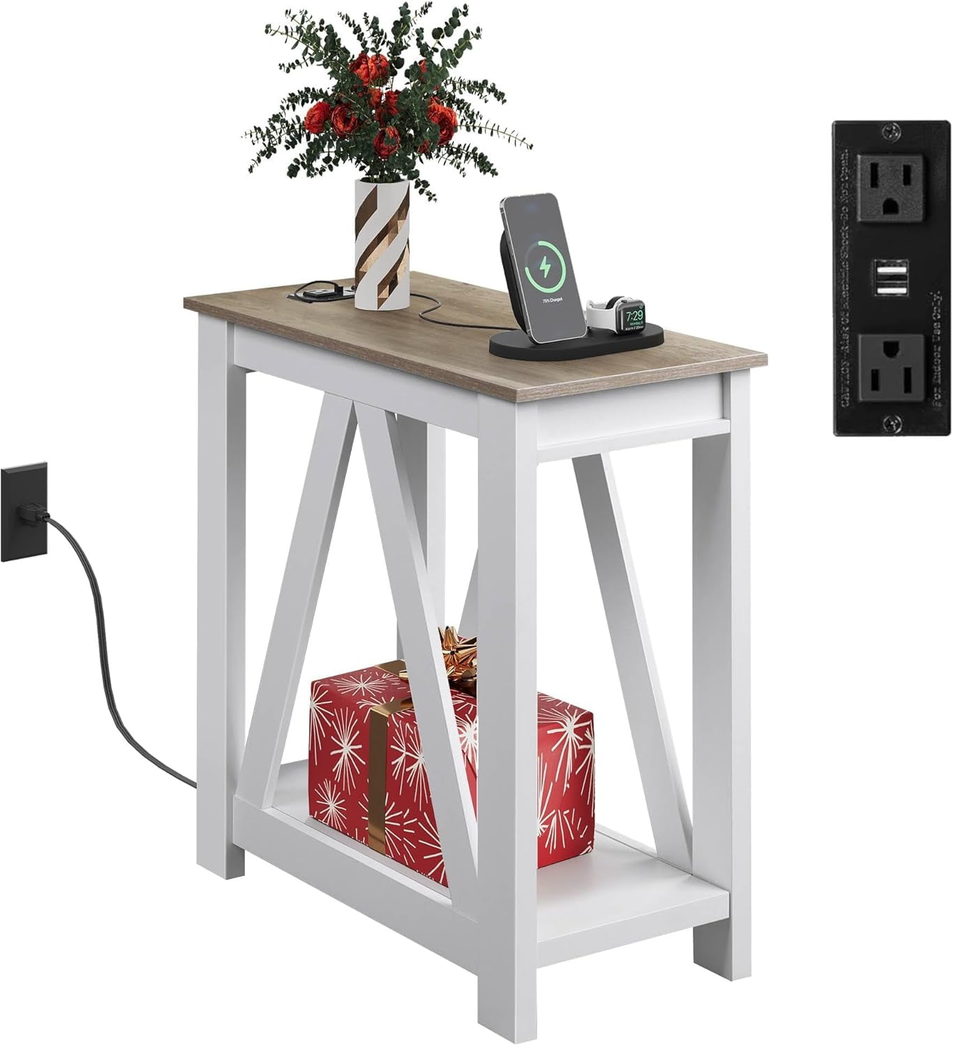 Farmhouse End Table, Narrow Side Table with Charging Station, Slim End ...