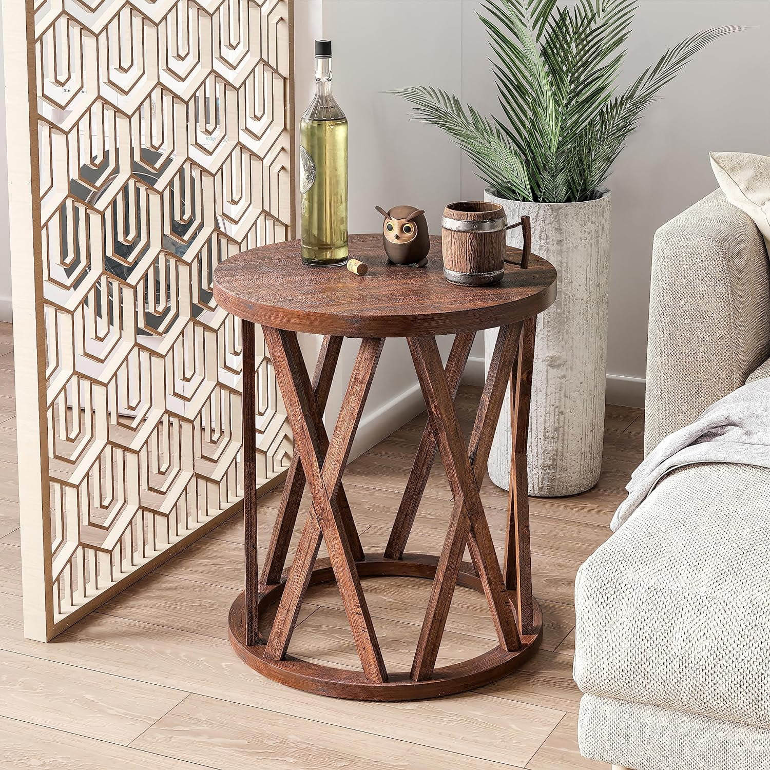 Farmhouse End Table, Rustic Round Side Table with X-Motifs Legs, Wood ...