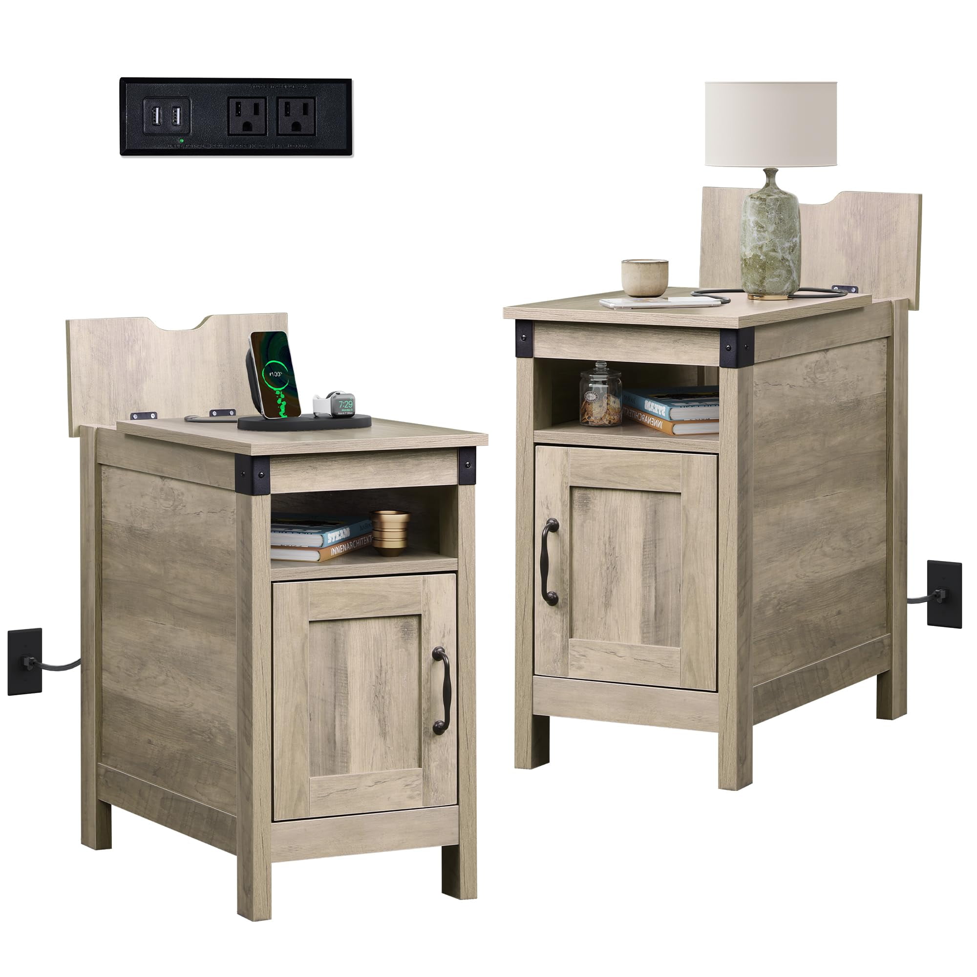 Farmhouse End Table Set of 2 with Charging Station, Narrow Side Tables ...