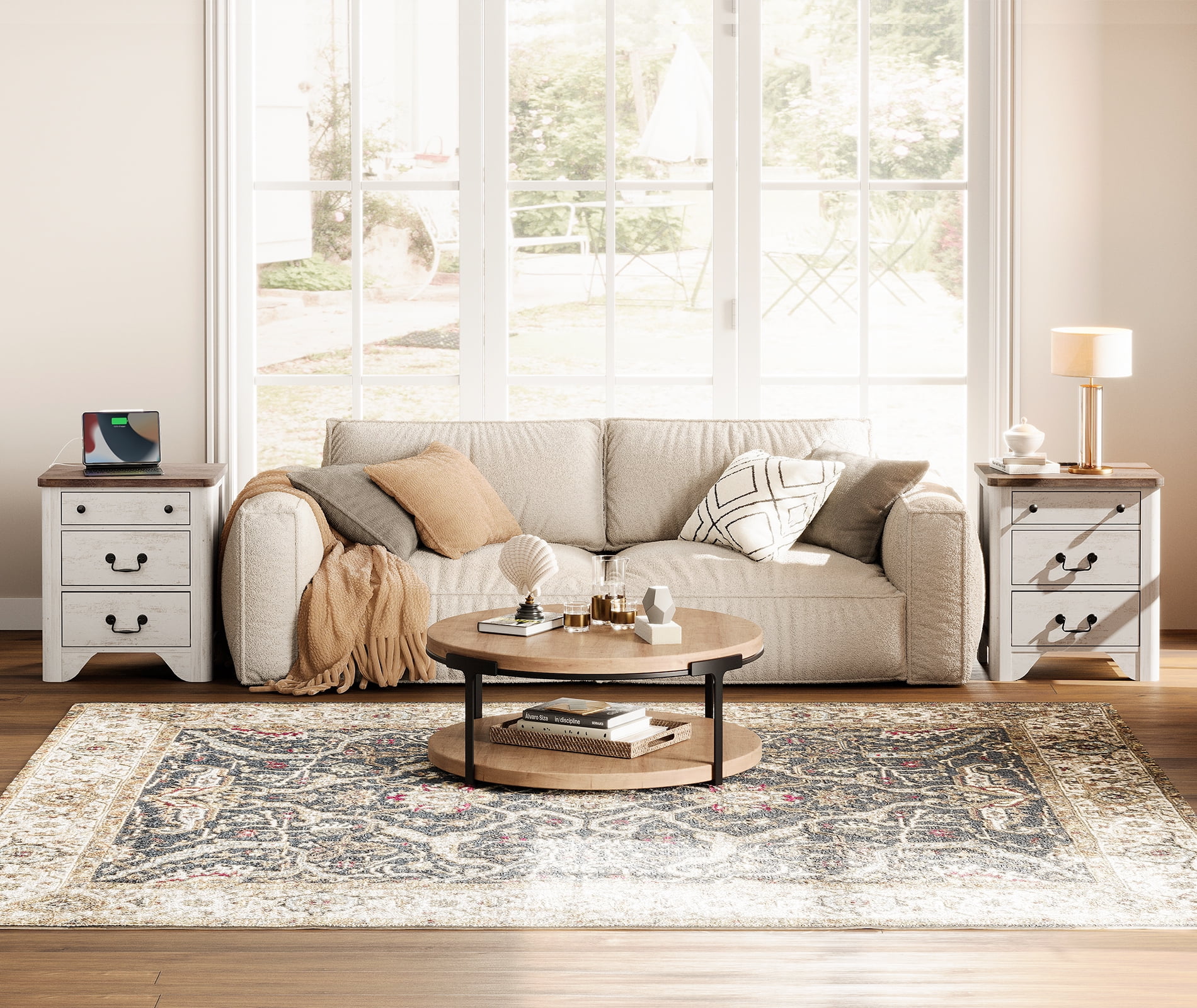 Farmhouse End Table Set of 2 with Charging Station, Wood Side Table ...