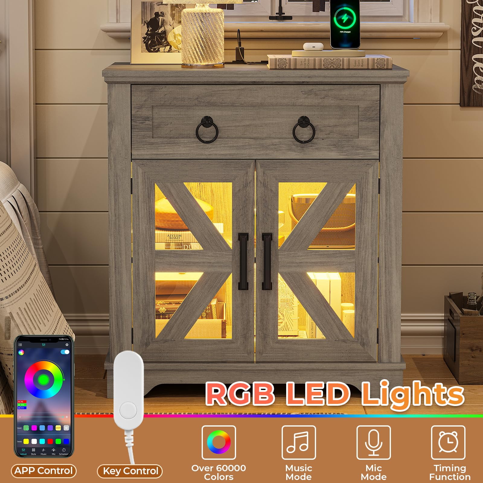 Farmhouse End Table with USB Port Charging Station and LED Lights,Night Stand with Adjustable ...