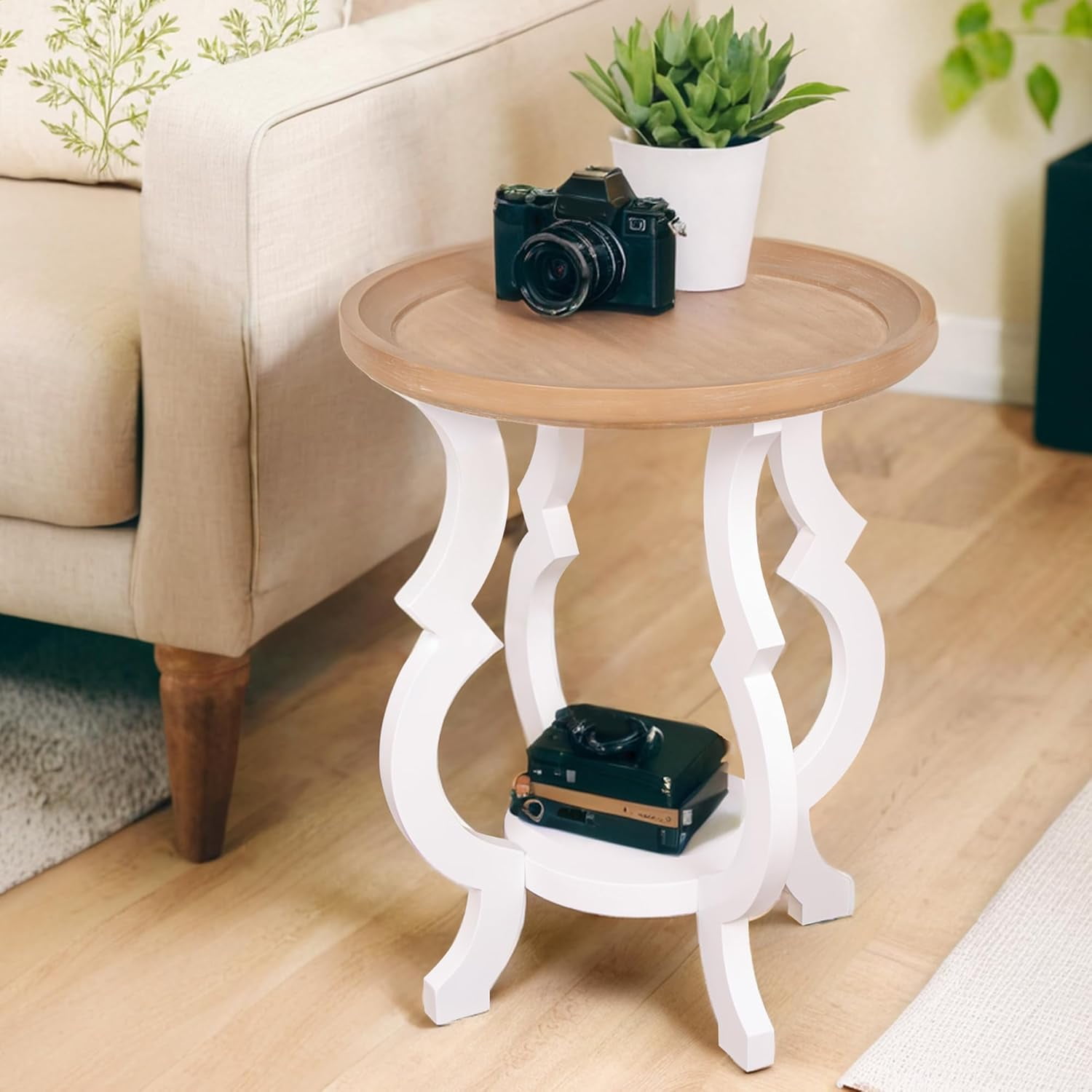Farmhouse End Table, Wooden Round Side Table, 2 Tiers Accent Table for ...