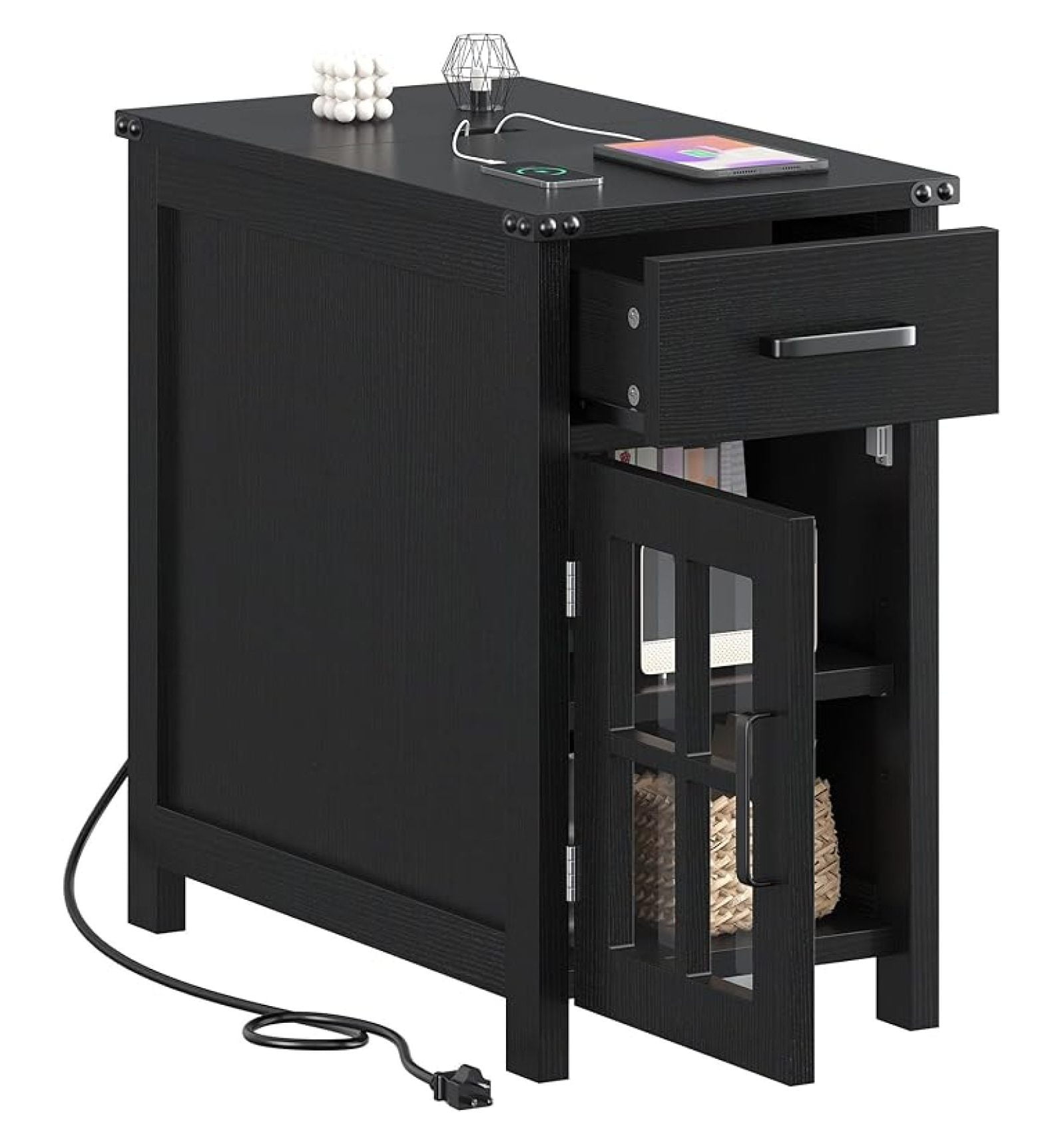 Farmhouse End Table with Charging Station, Nightstand with Storage ...
