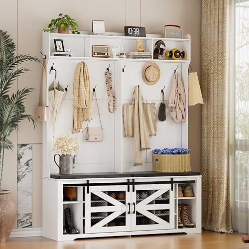 Farmhouse Entryway Bench with Coat Rack, 16 Shoe Cubbies with Sliding ...