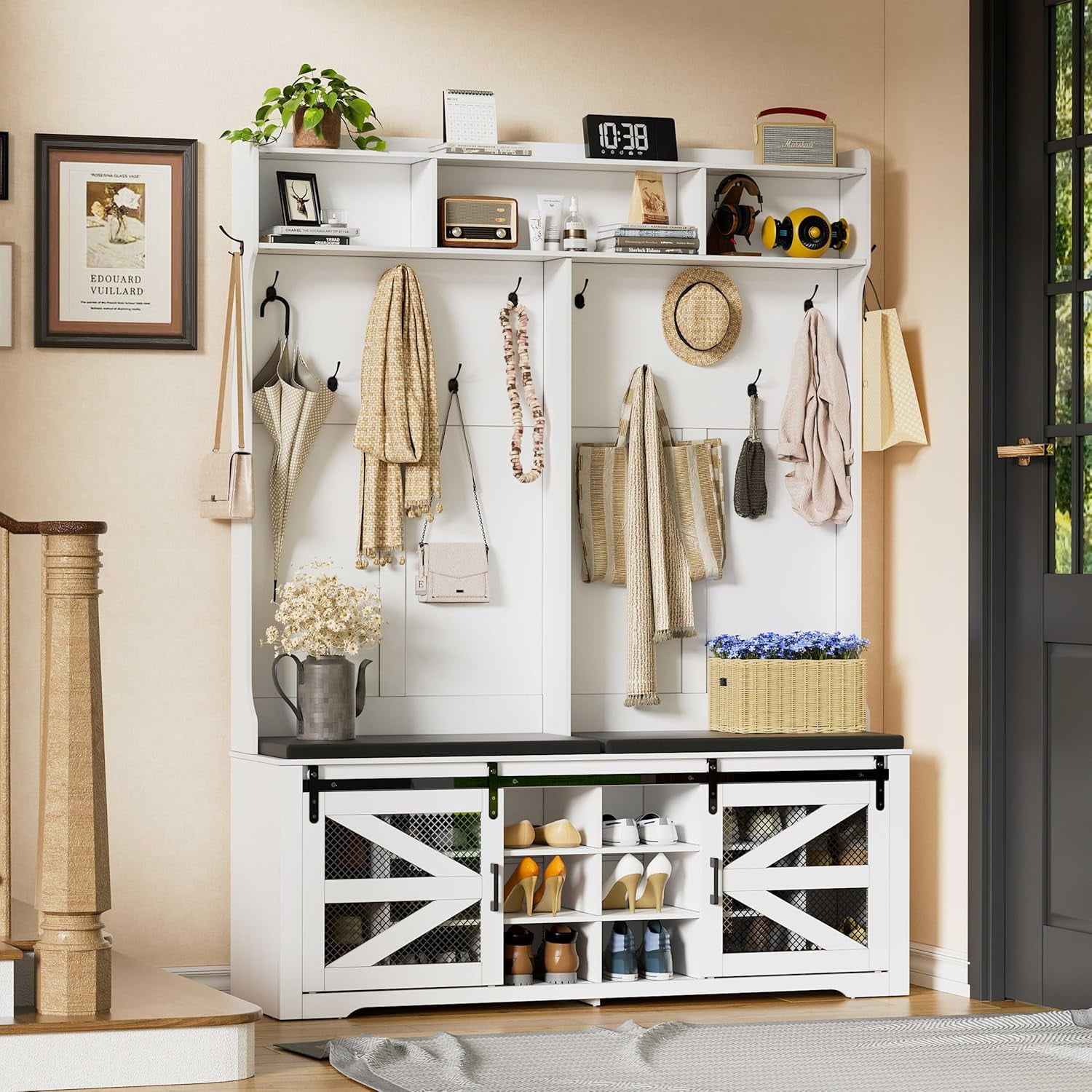 Farmhouse Entryway Bench, Mudroom Storage Cabinet with Coat Rack, Hall ...