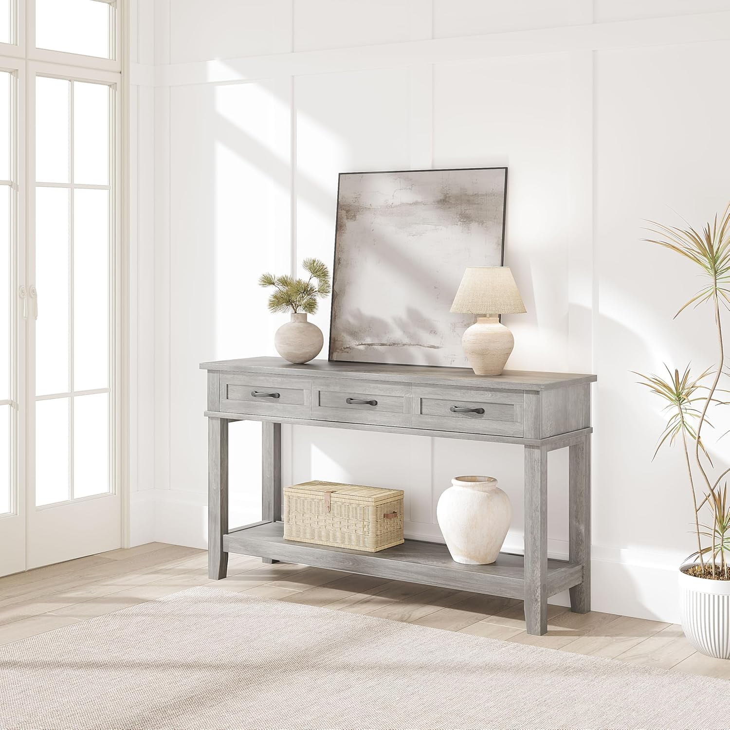 Farmhouse Entryway Console，3-Tier Table with 3 Storage Drawers ...