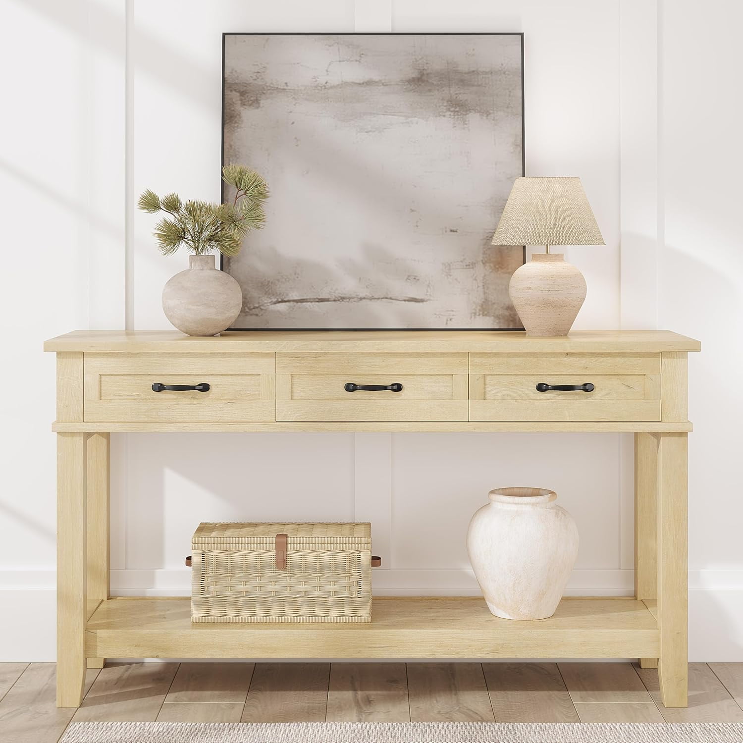 Farmhouse Entryway Console，3-Tier Table with 3 Storage Drawers ...