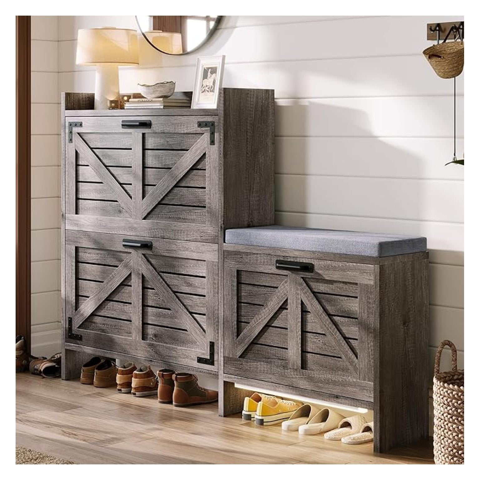 Farmhouse Entryway Shoe Storage with USB Sensor Light, Drawers ...