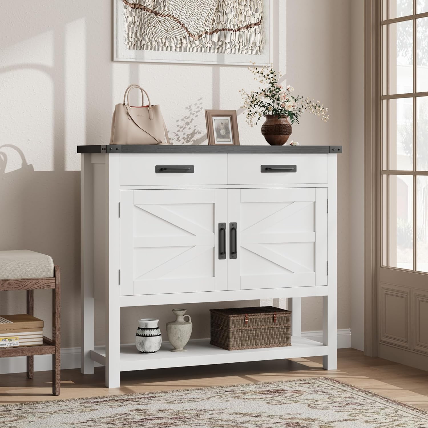 Farmhouse Entryway Table with 2-Door Cabinet & 2 Drawers, Wood Console ...