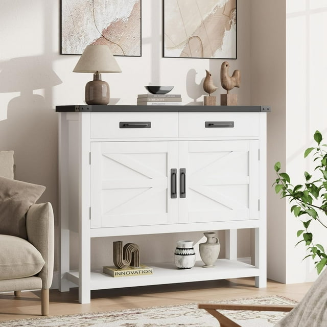 Farmhouse Entryway Table with 2-Door Cabinet & 2 Drawers, Wood Console ...