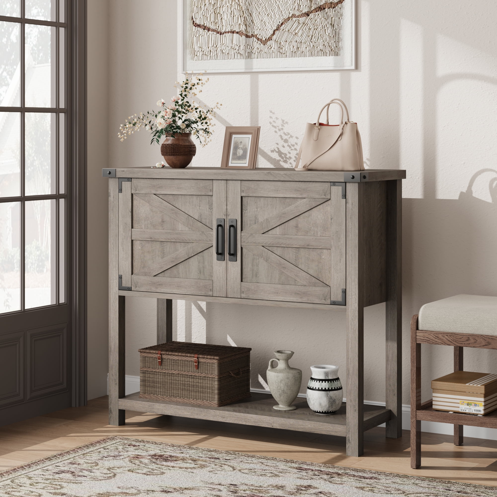 Farmhouse Entryway Table with 2-Door Cabinet, Wood Console Table with ...