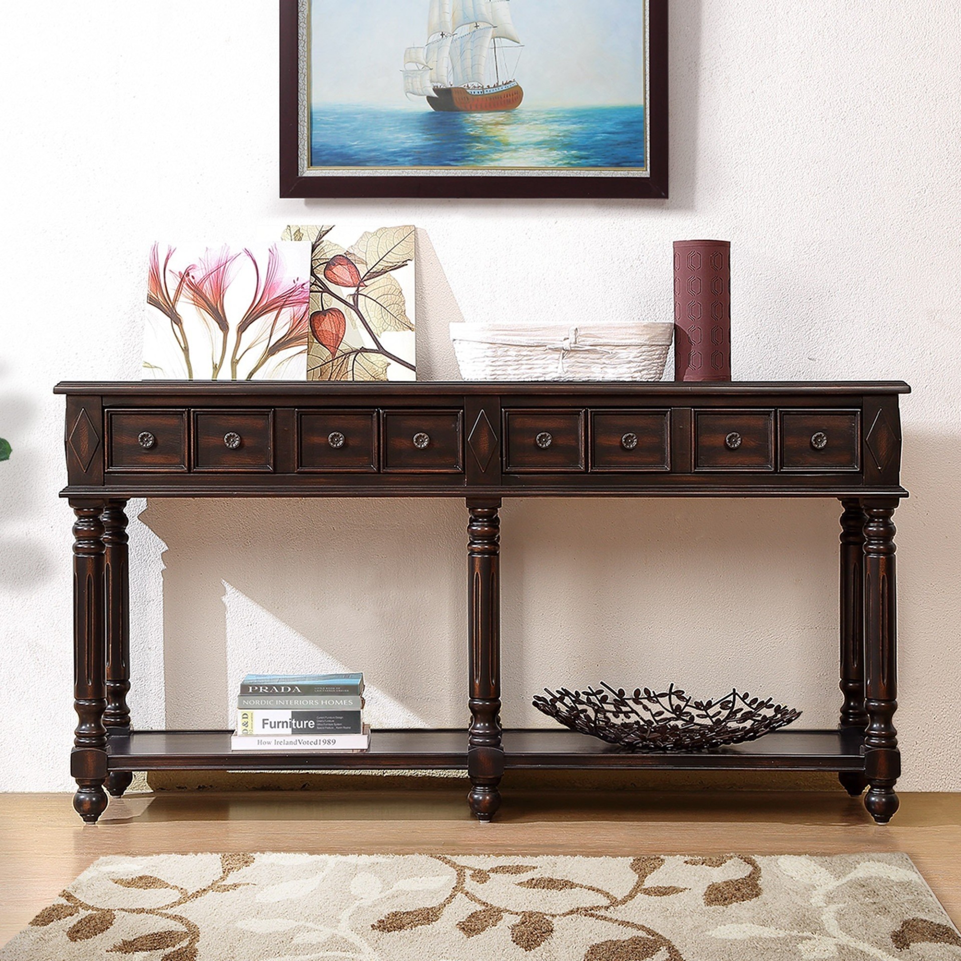 Farmhouse Entryway Table, 58 Inch Wood Console Table Narrow Long Sofa ...