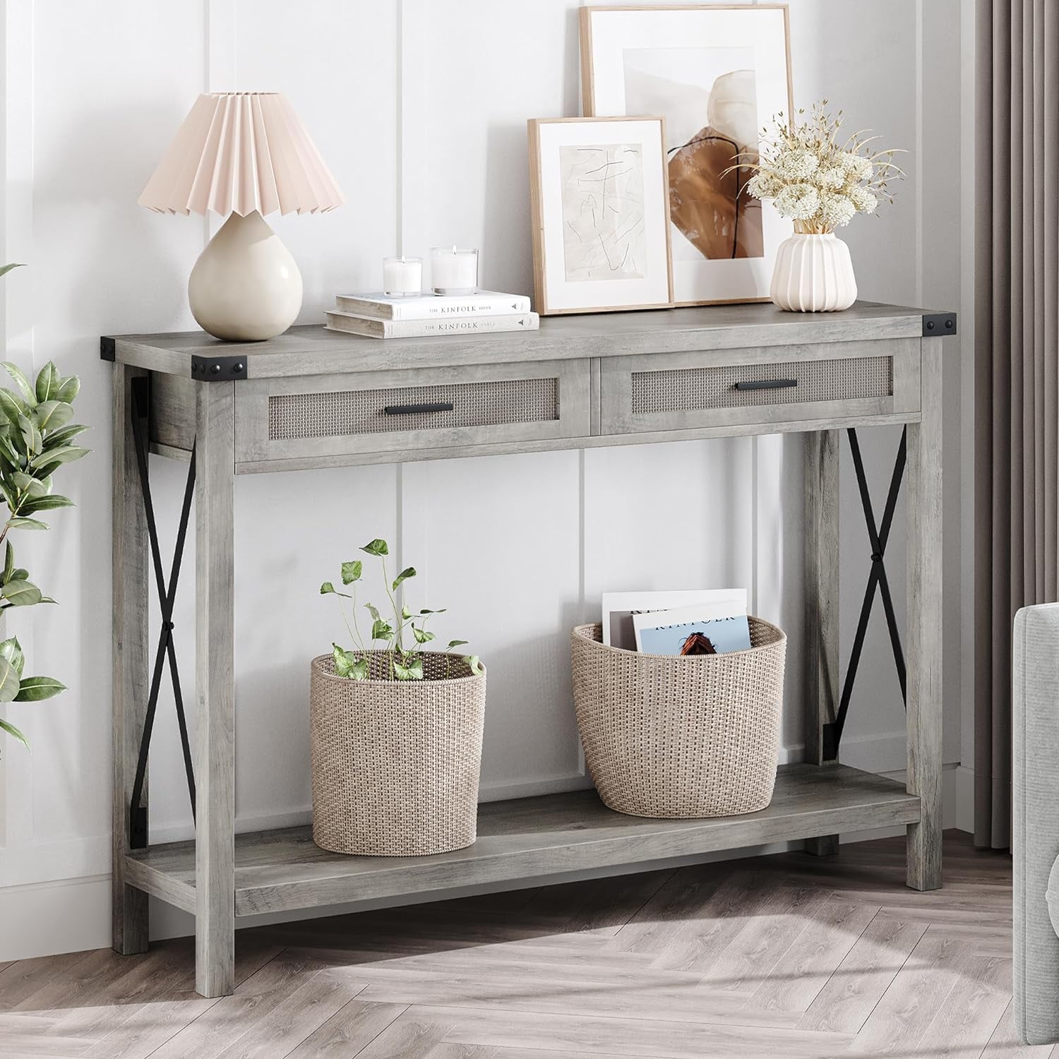 Farmhouse Entryway Table, Grey Console Table with Rattan Drawers, 43 ...