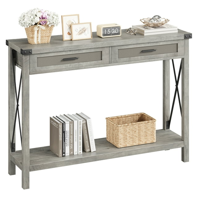 "Farmhouse Rustic Grey Entryway Table with Rattan Drawers, 43"" Sofa ...