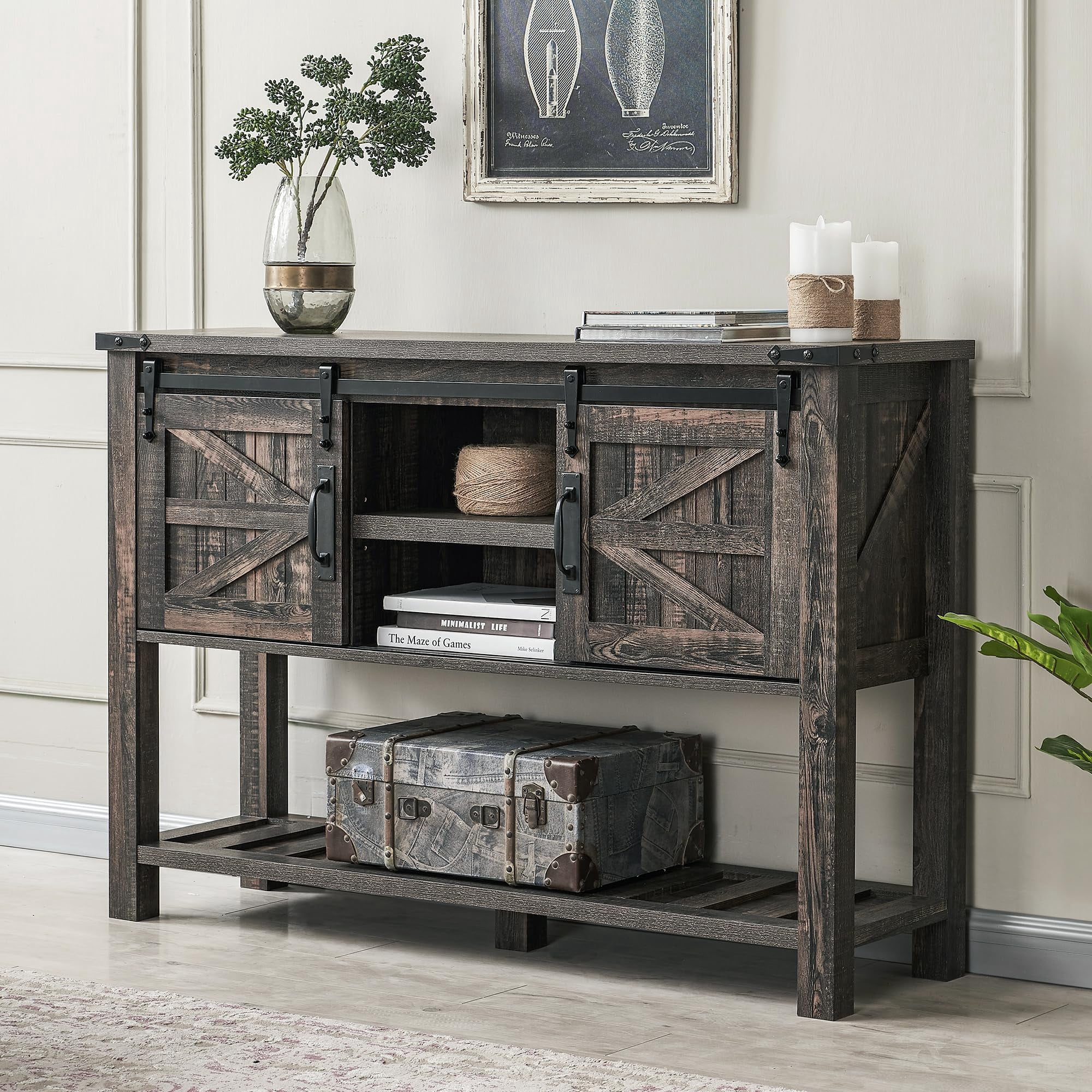 Farmhouse Entryway Table with Sliding Barn Doors, 46 Inch Rustic ...