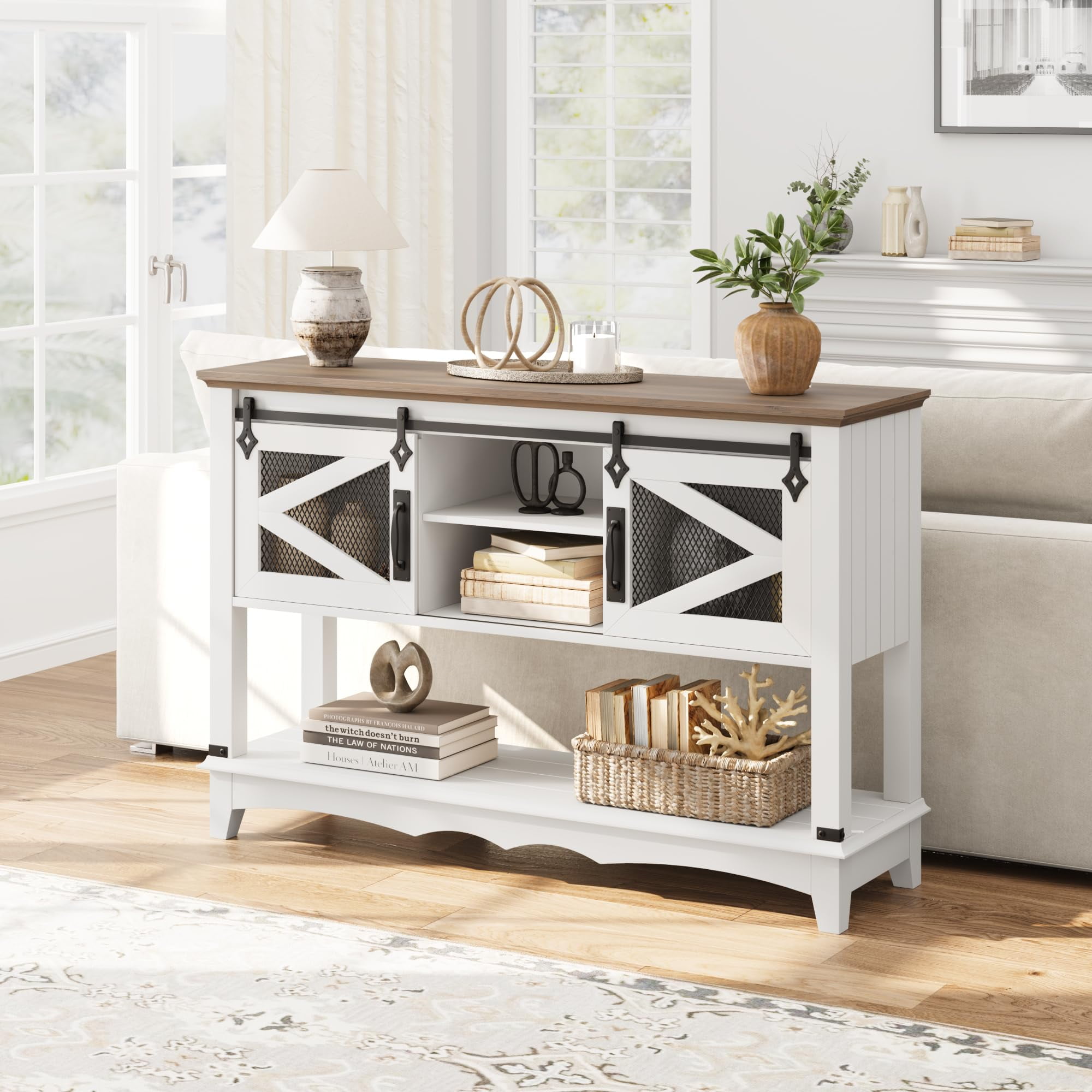 Farmhouse Entryway Table with Storage, White Console Table with Sliding ...
