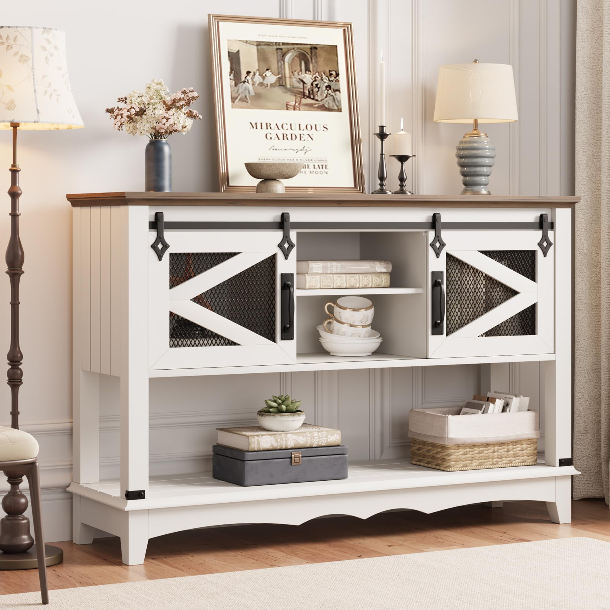 AOILE Farmhouse Entryway Table with Storage, White Console Table with ...