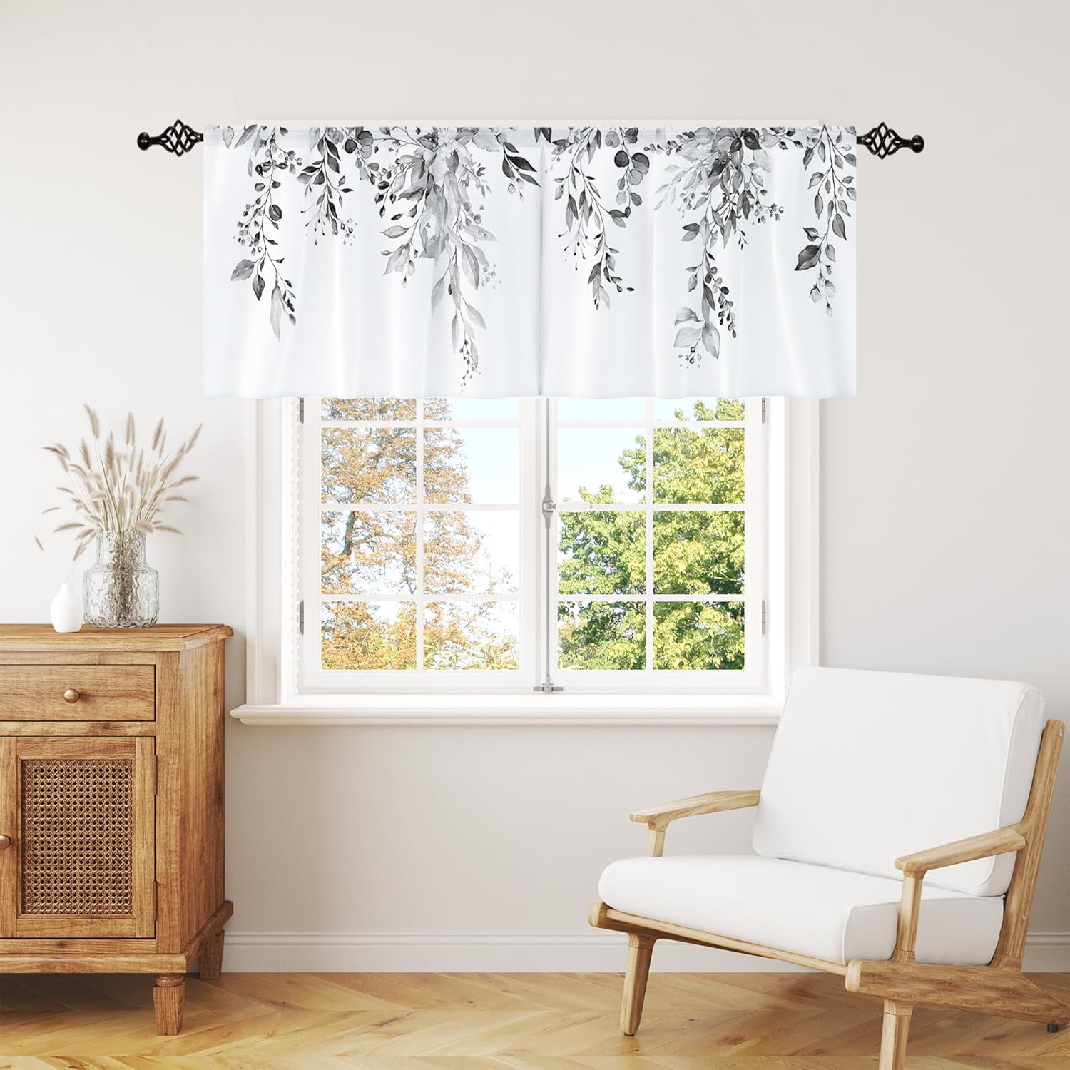 Farmhouse Eucalyptus Black Gray Leaves Curtain Toppers Valance for ...