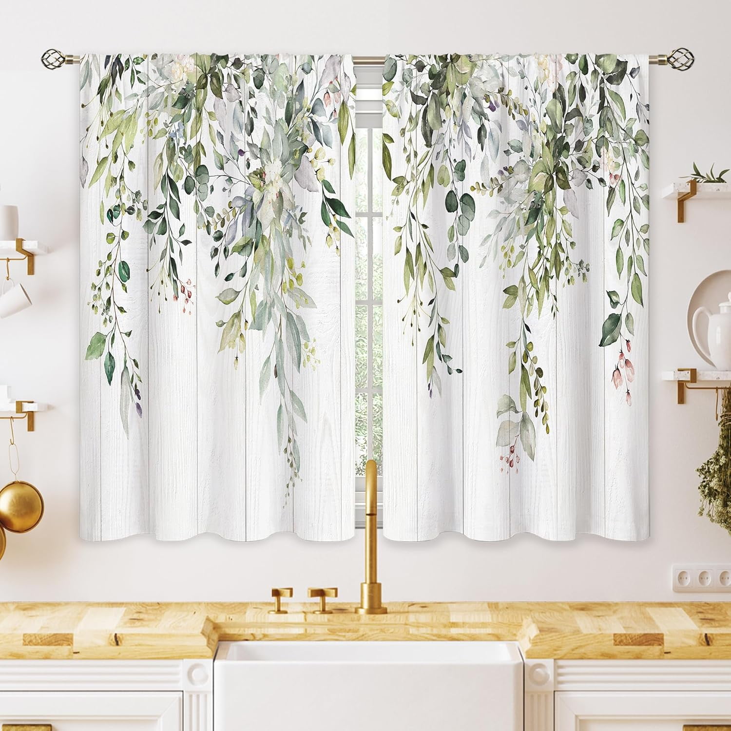 Farmhouse Eucalyptus Botanical Small Kitchen Curtains Rustic Leaves ...